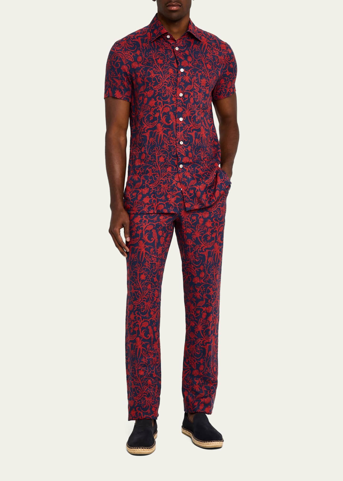 Kiton Men's Linen Coral-Print Stretch Pants - Bergdorf Goodman