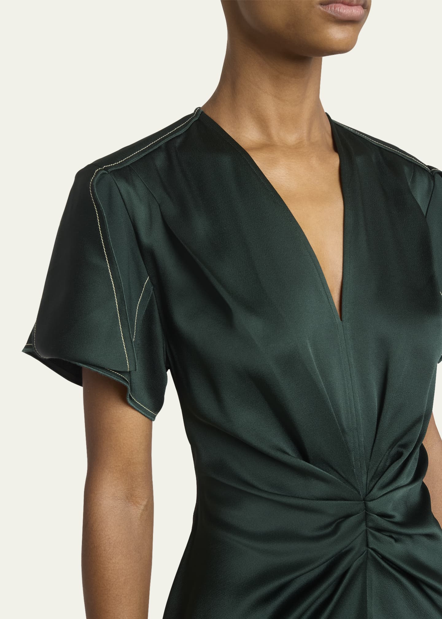Victoria Beckham Ruched V-Neck Satin Midi Dress - Bergdorf Goodman