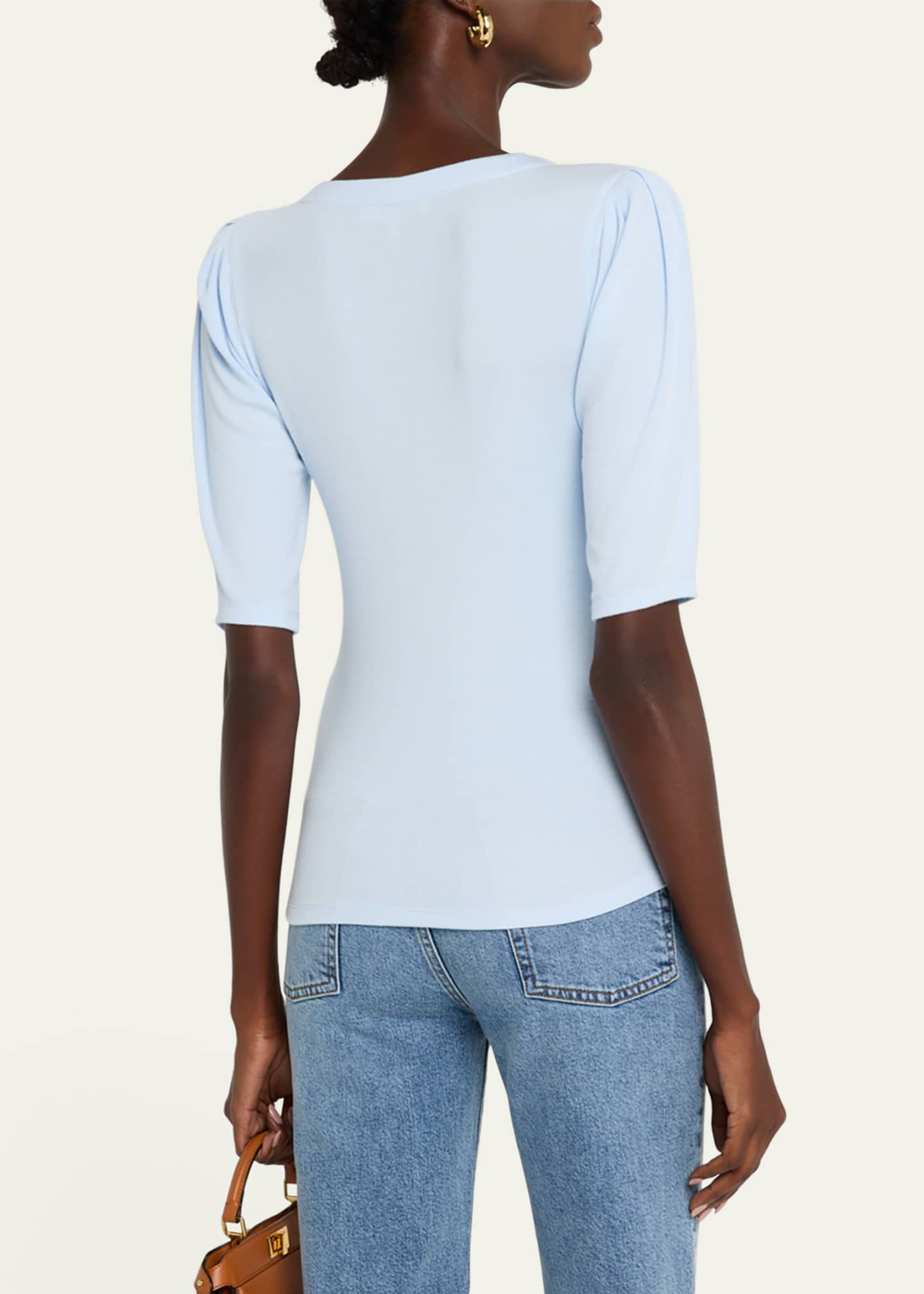 FRAME Rib Ruched Short-Sleeve Henley Top - Bergdorf Goodman