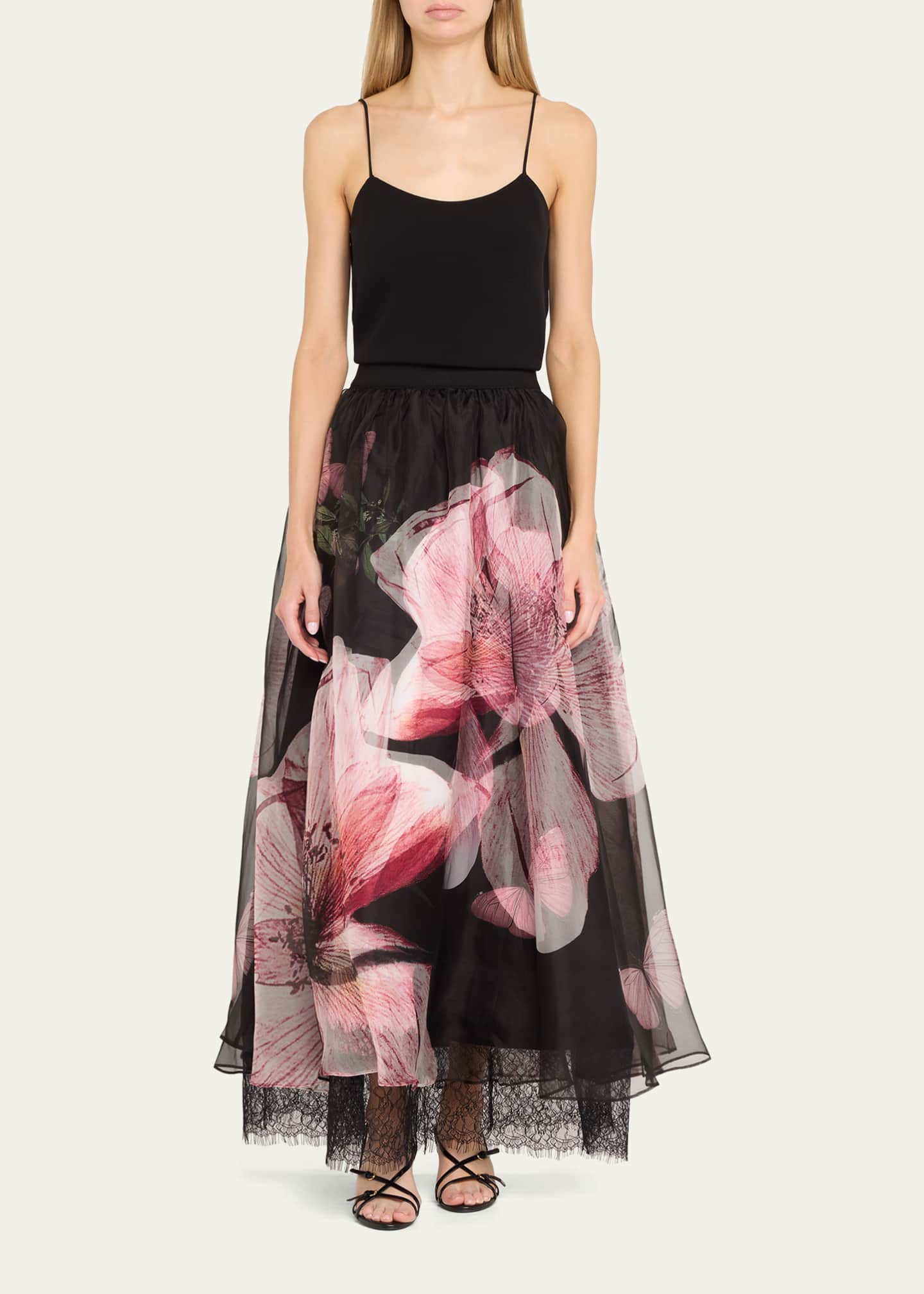 Alice + Olivia Luna Floral Nilda Voluminous Lace-Trim Maxi Skirt ...