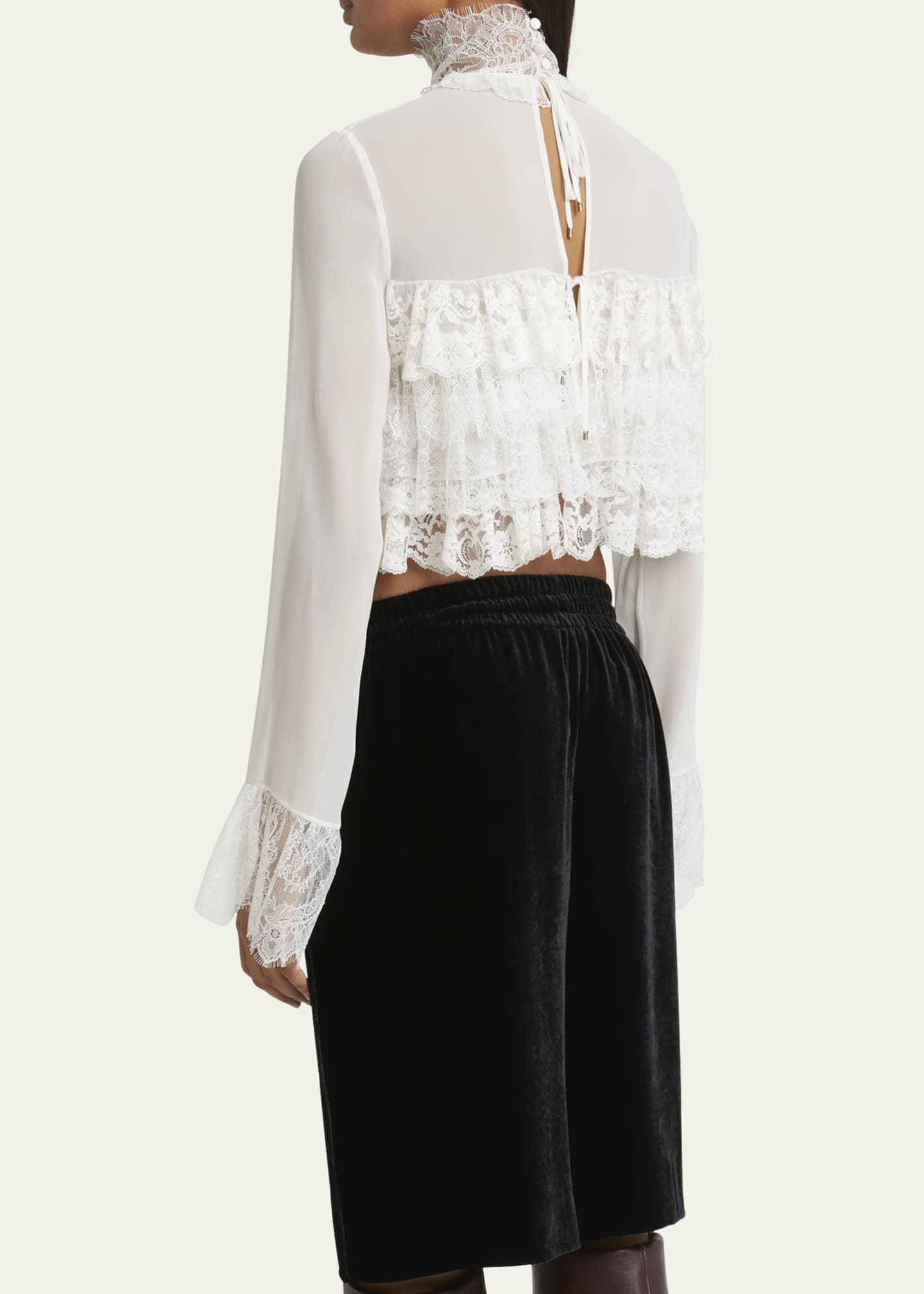 Chloe Lace Ruffle Long-Sleeve Silk Crop Top - Bergdorf Goodman