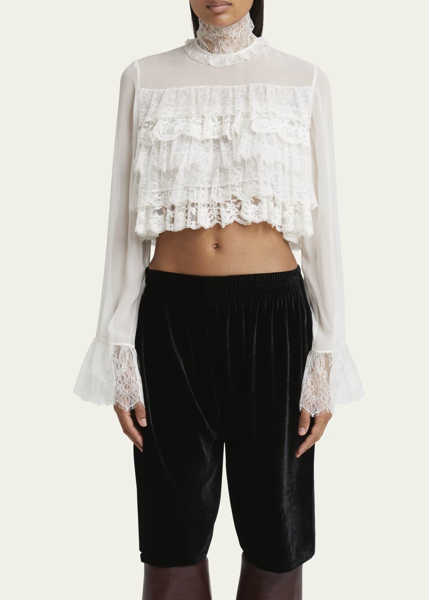 Chloe Lace Ruffle Long-Sleeve Silk Crop Top - Bergdorf Goodman