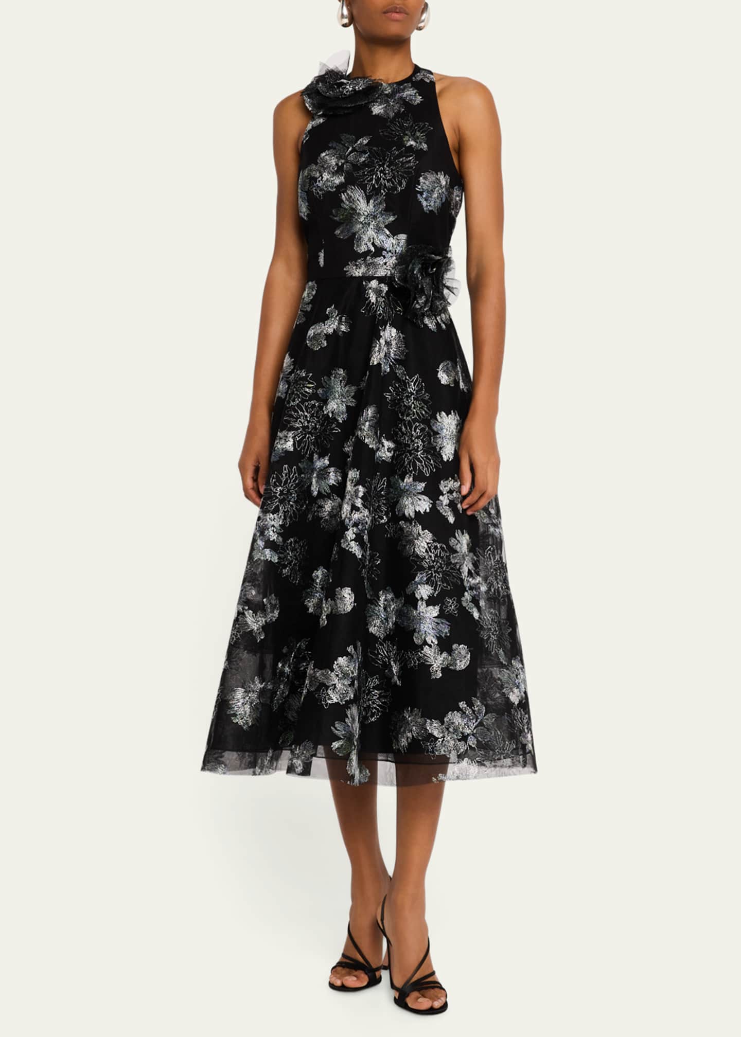 Rickie Freeman for Teri Jon Metallic Floral-Embroidered Tulle Midi ...