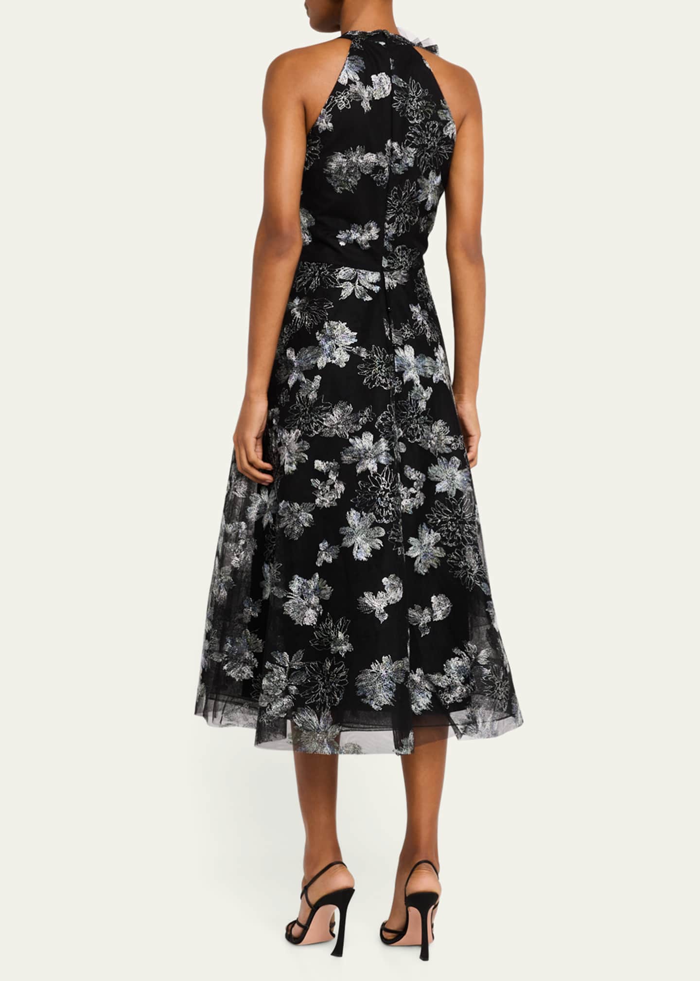 Rickie Freeman for Teri Jon Metallic Floral-Embroidered Tulle Midi ...