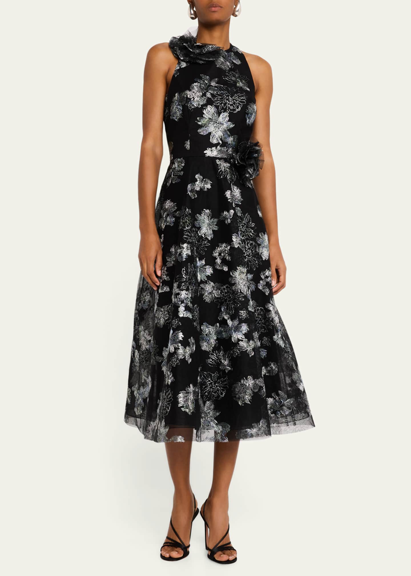 Rickie Freeman for Teri Jon Metallic Floral-Embroidered Tulle Midi ...