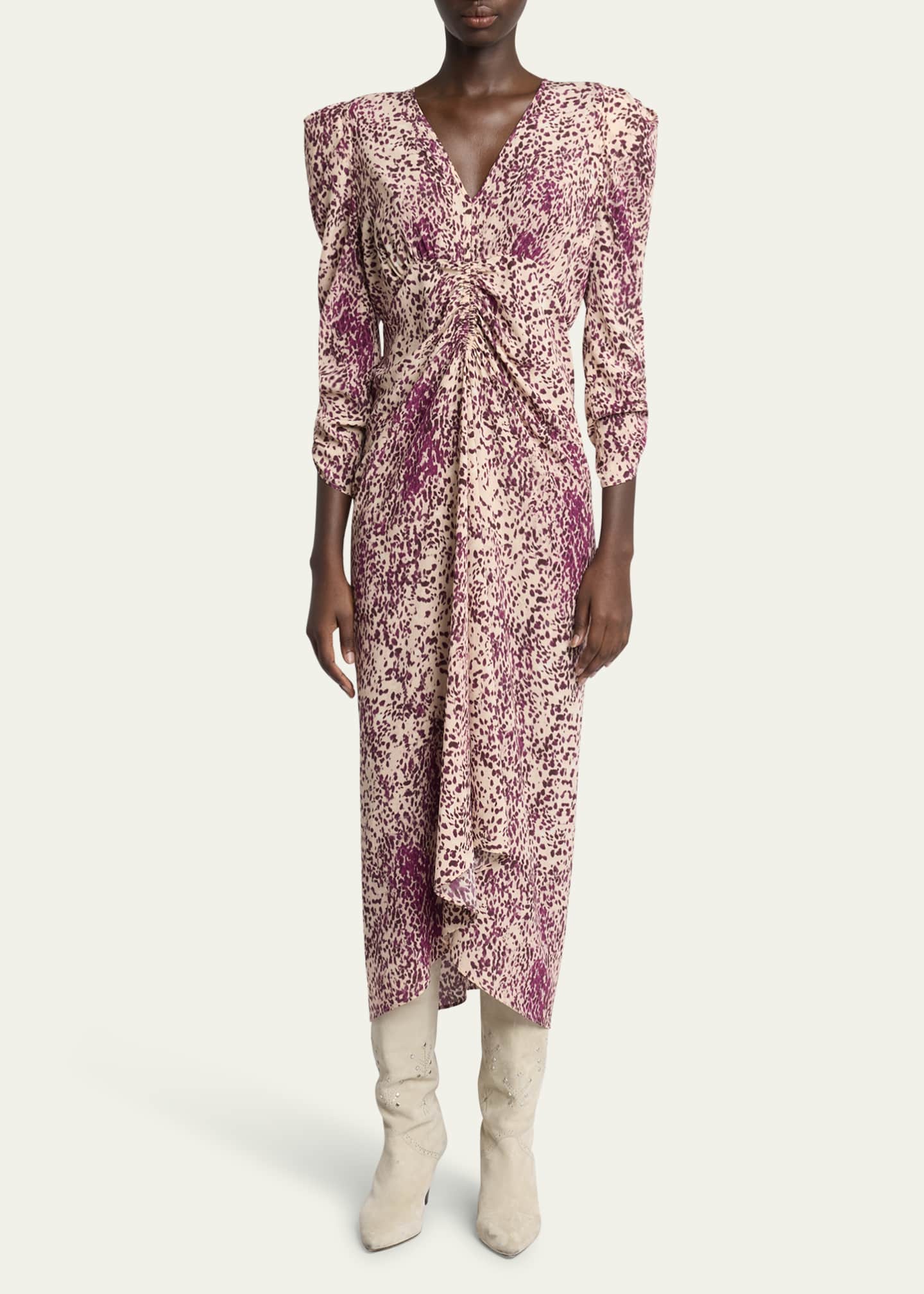 Isabel Marant Albini Spotted-Print Ruched 3/4-Sleeve Midi Dress ...