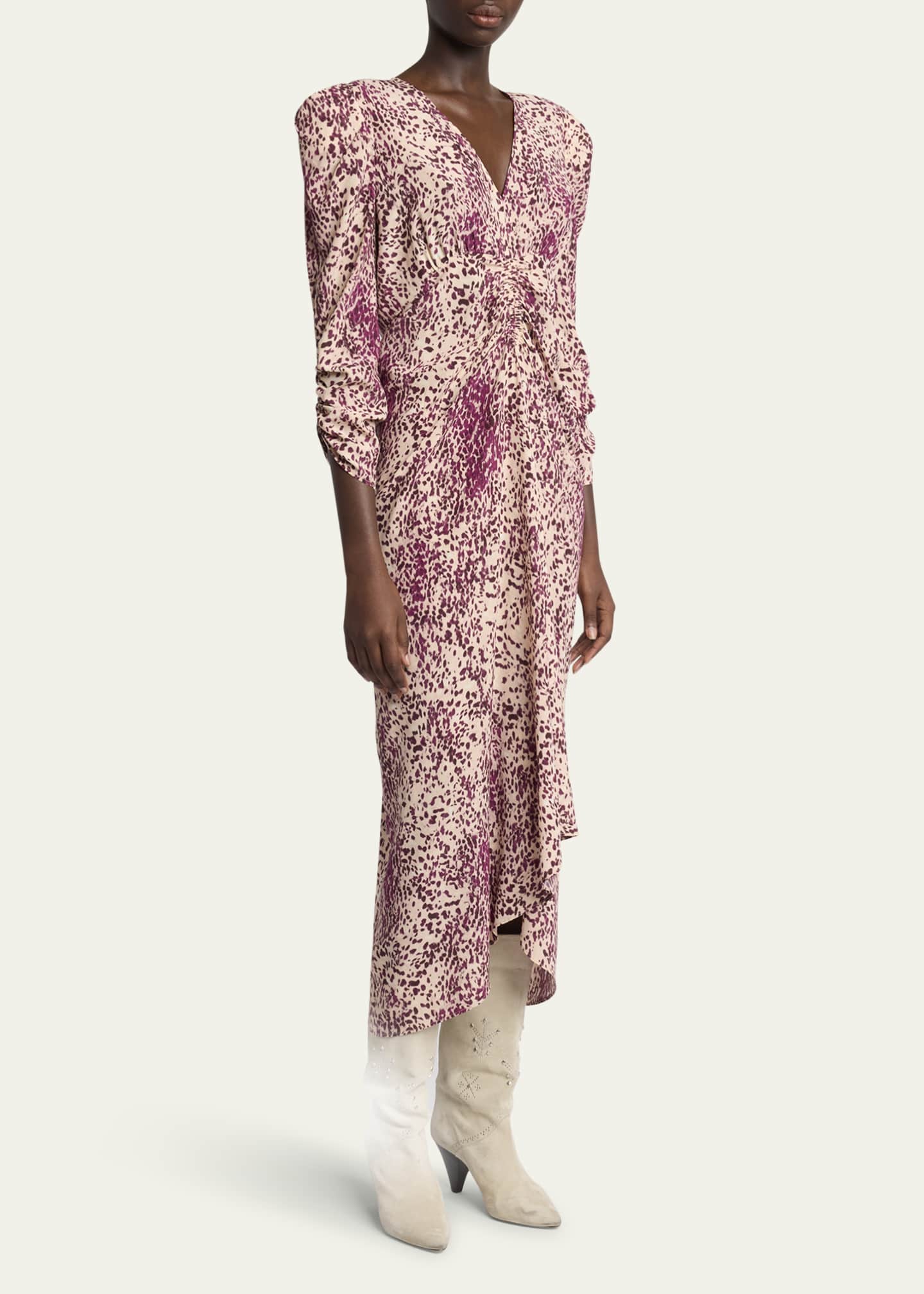 Isabel Marant Albini Spotted-Print Ruched 3/4-Sleeve Midi Dress ...