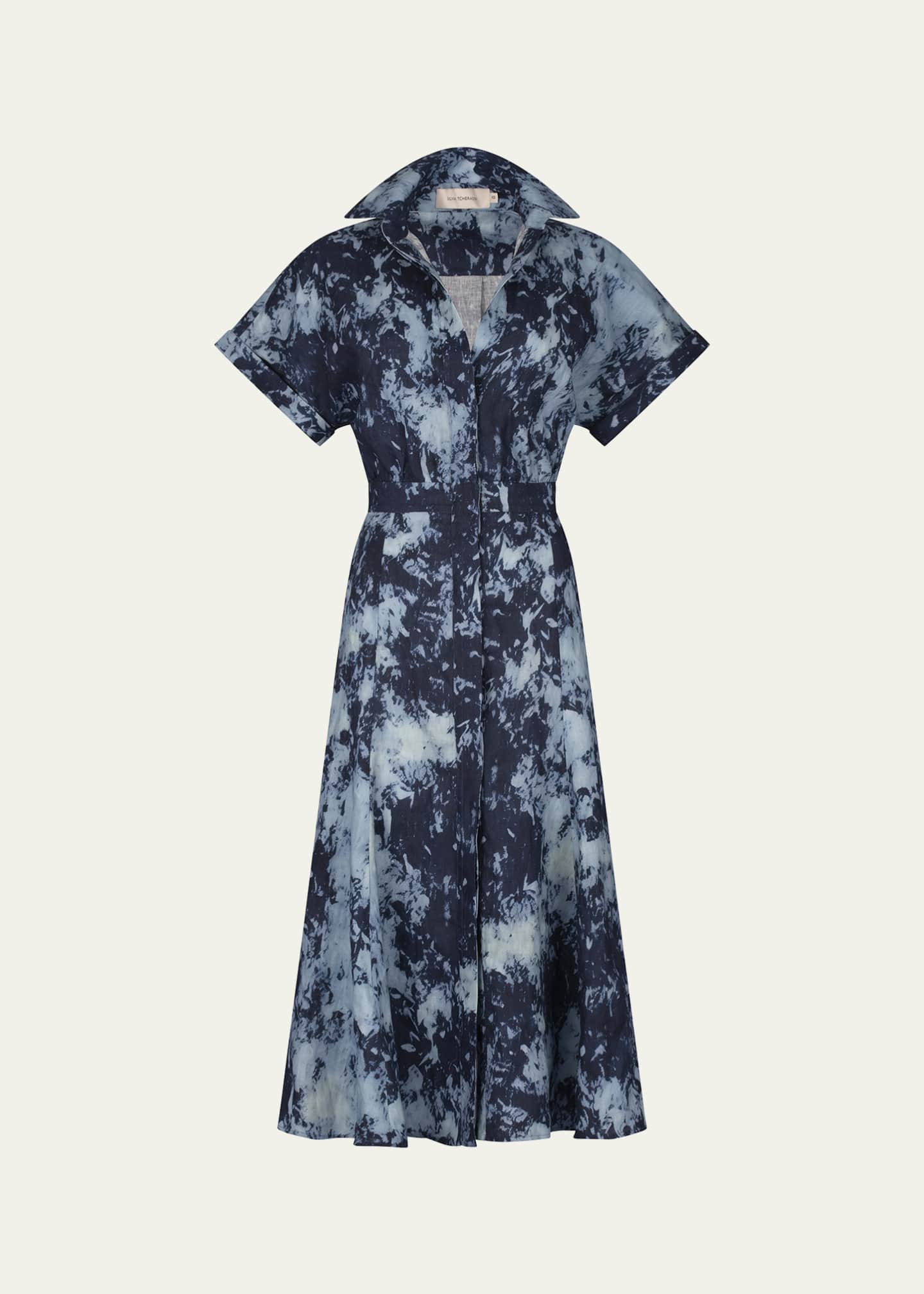 Silvia Tcherassi Noor Tie Dye Linen Short Sleeve Midi Shirtdress
