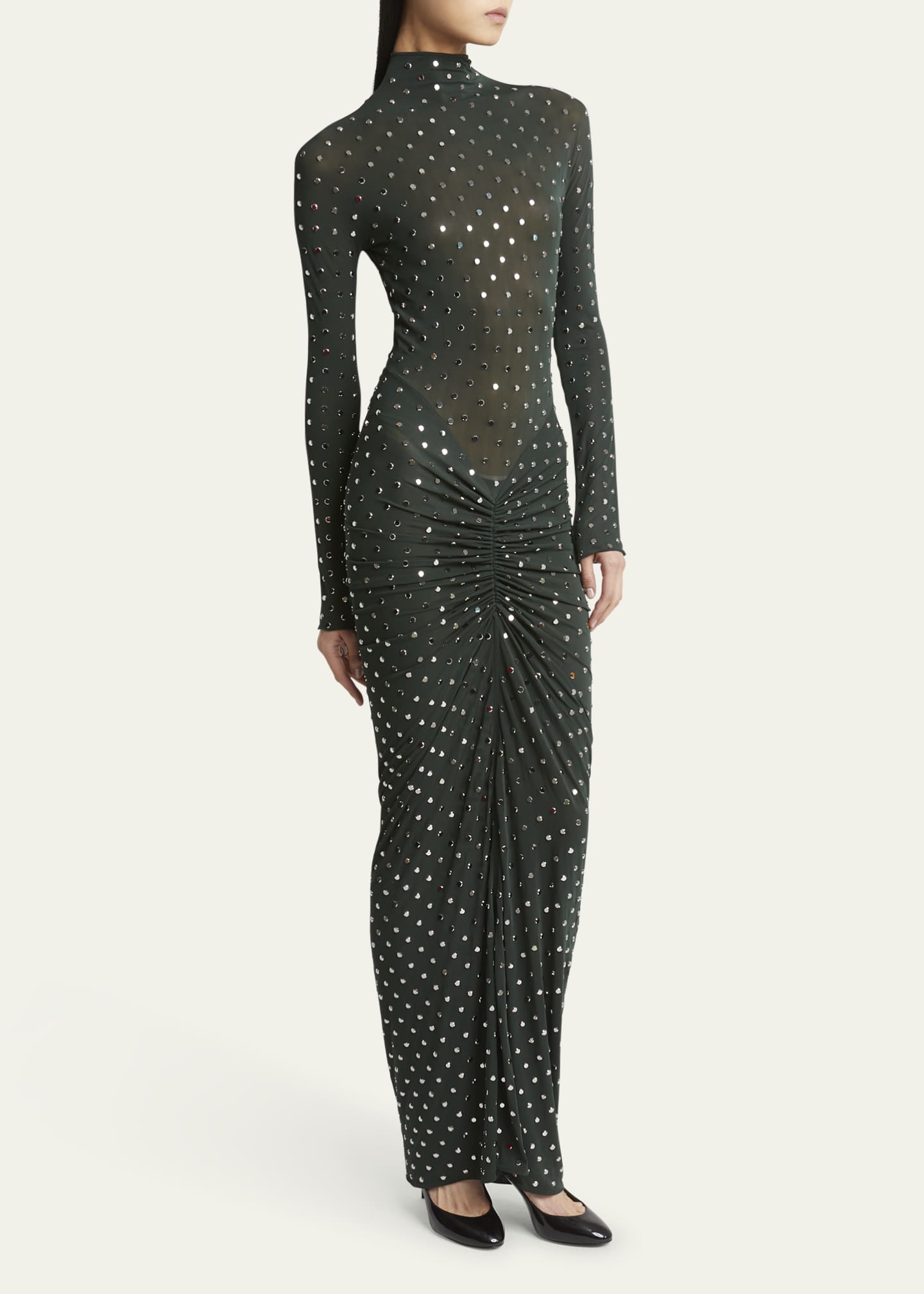 ALAIA Studded Long-Sleeve Draped Sheer Maxi Dress - Bergdorf Goodman