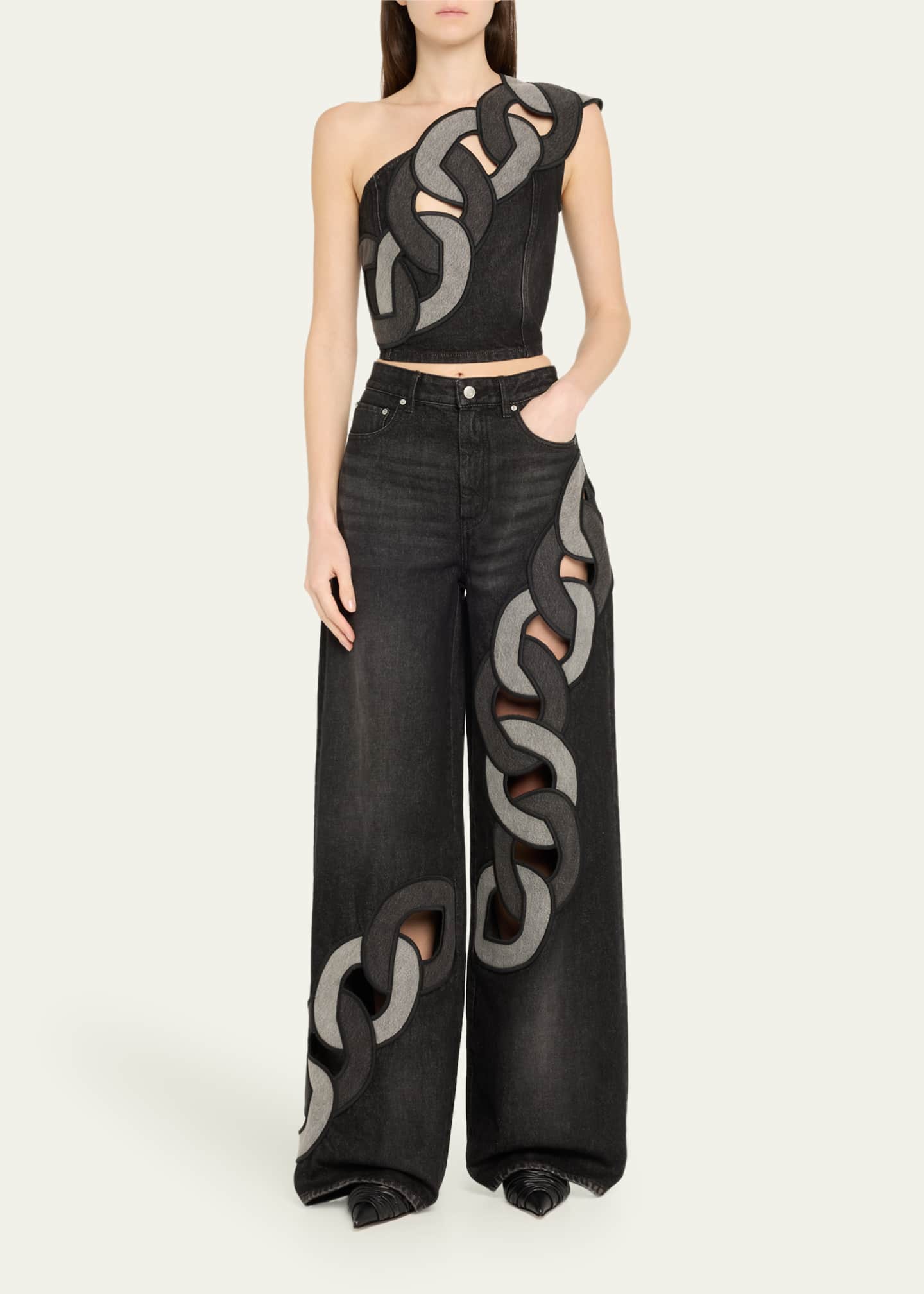 AREA Chain Cutout One-Shoulder Denim Crop Top - Bergdorf Goodman