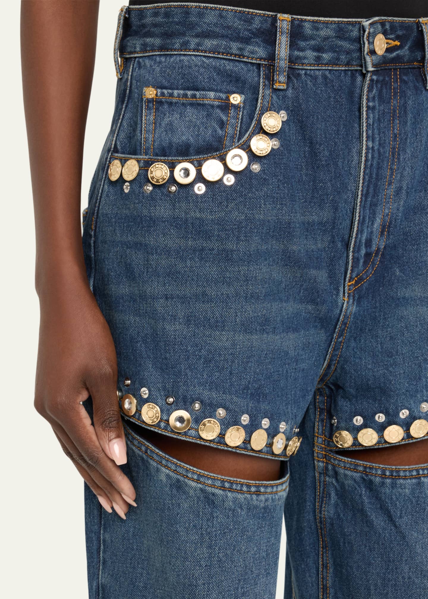 AREA Crystal Button Studded Slit Straight-Leg Jeans - Bergdorf Goodman