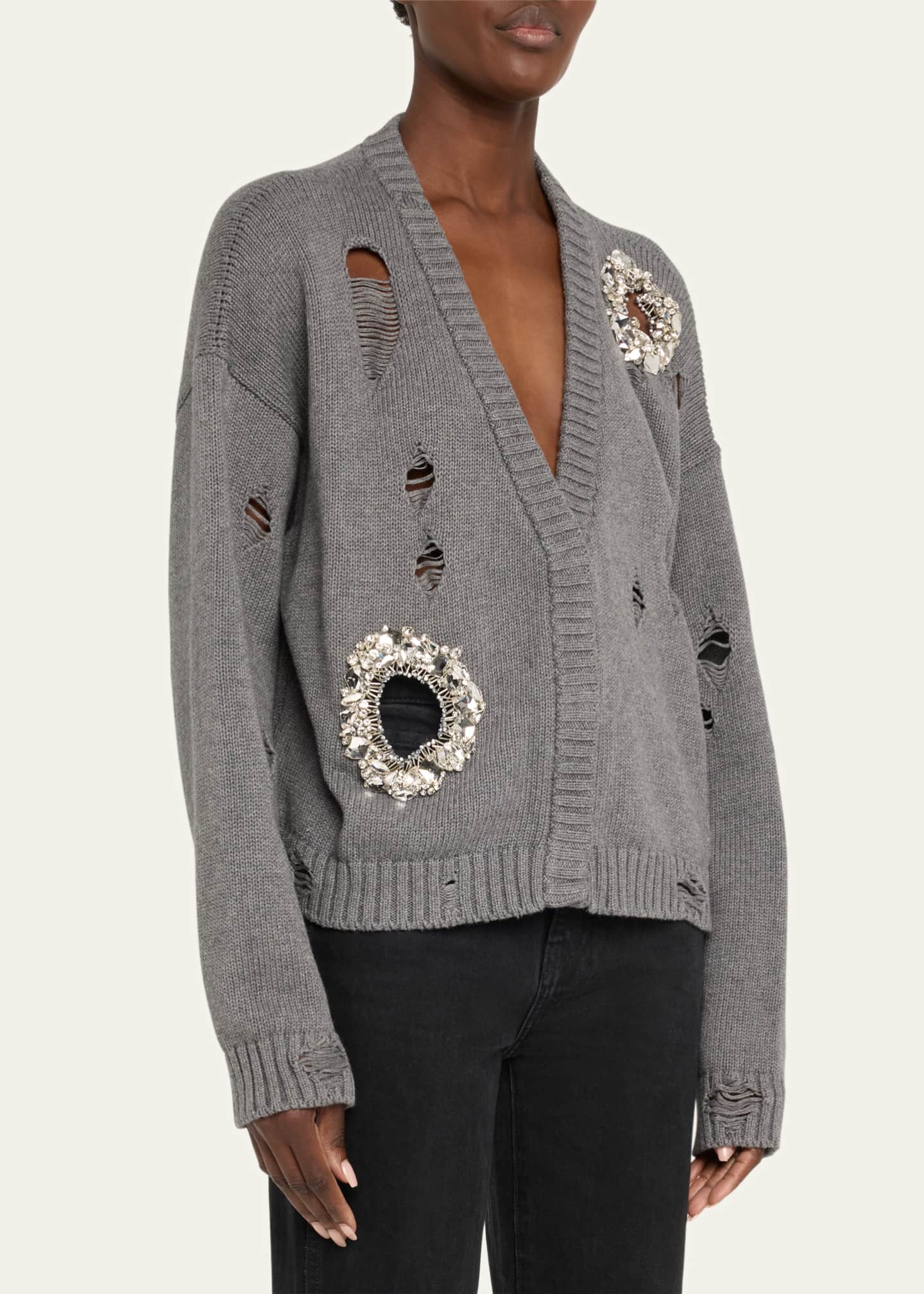 AREA Distressed Crystal V-Neck Cardigan - Bergdorf Goodman