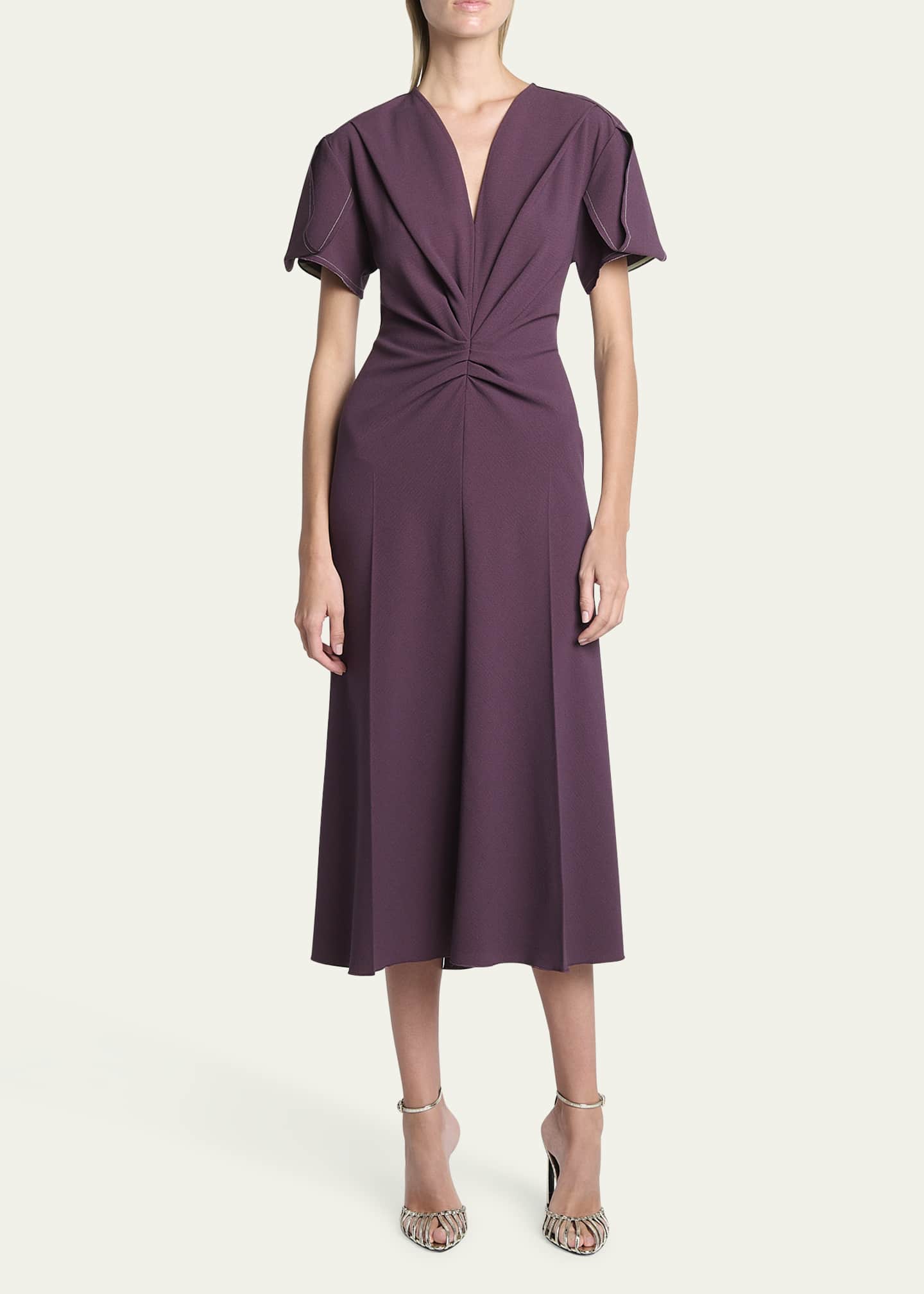 Victoria Beckham Gathered V-Neck Wool Midi Dress - Bergdorf Goodman