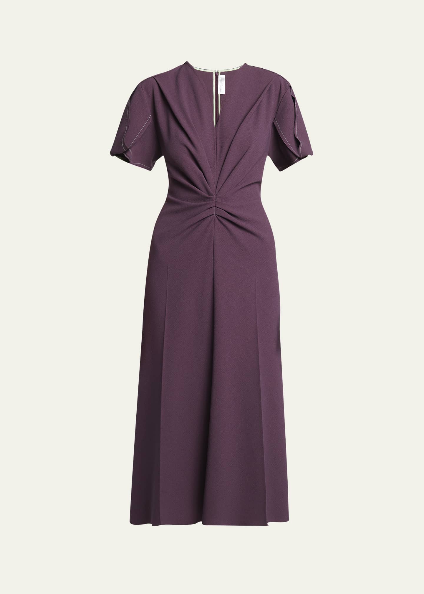 Victoria Beckham Gathered V-Neck Wool Midi Dress - Bergdorf Goodman