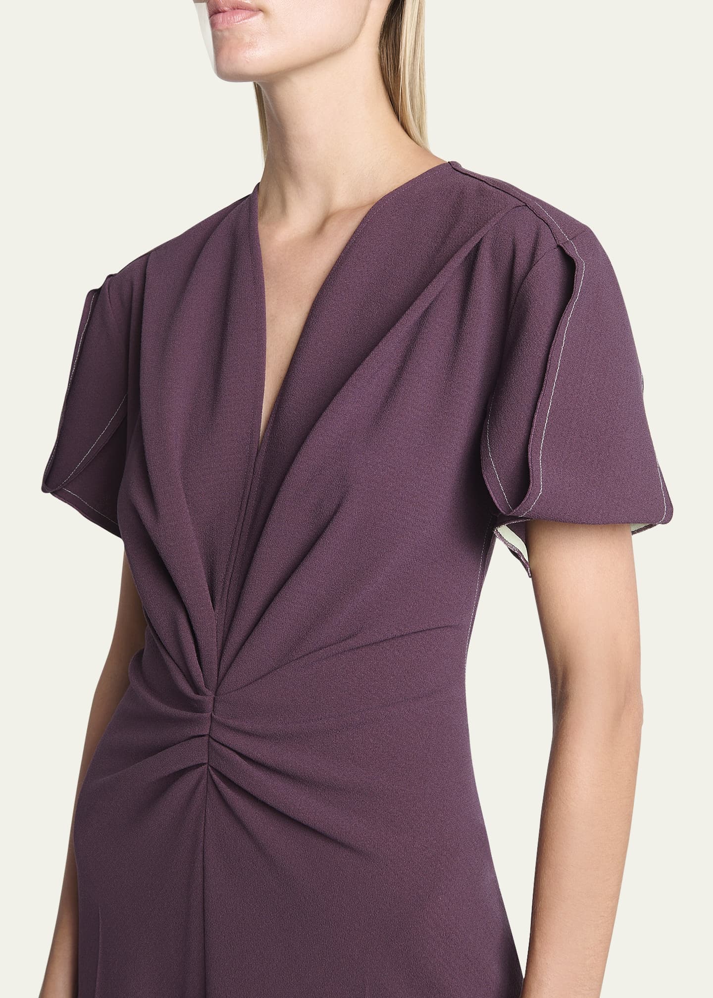 Victoria Beckham Gathered V-Neck Wool Midi Dress - Bergdorf Goodman