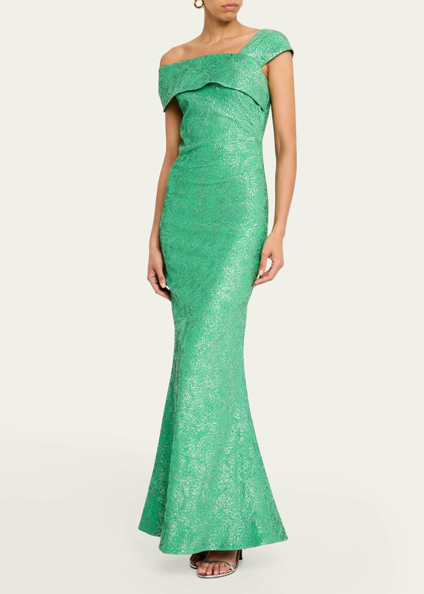 Rickie Freeman for Teri Jon One-Shoulder Metallic Stretch Jacquard Gown ...