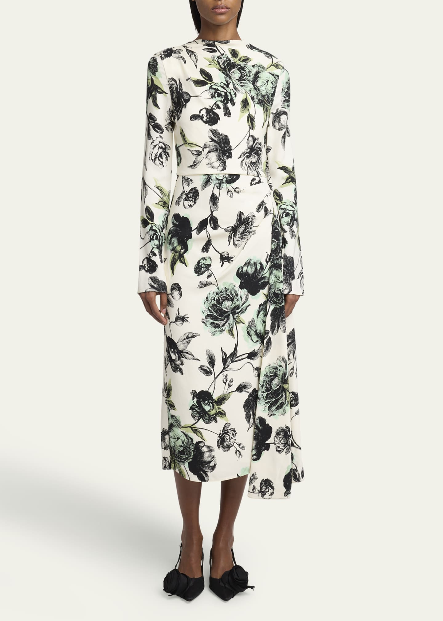 Erdem Floral Draped Long-Sleeve Midi Dress - Bergdorf Goodman