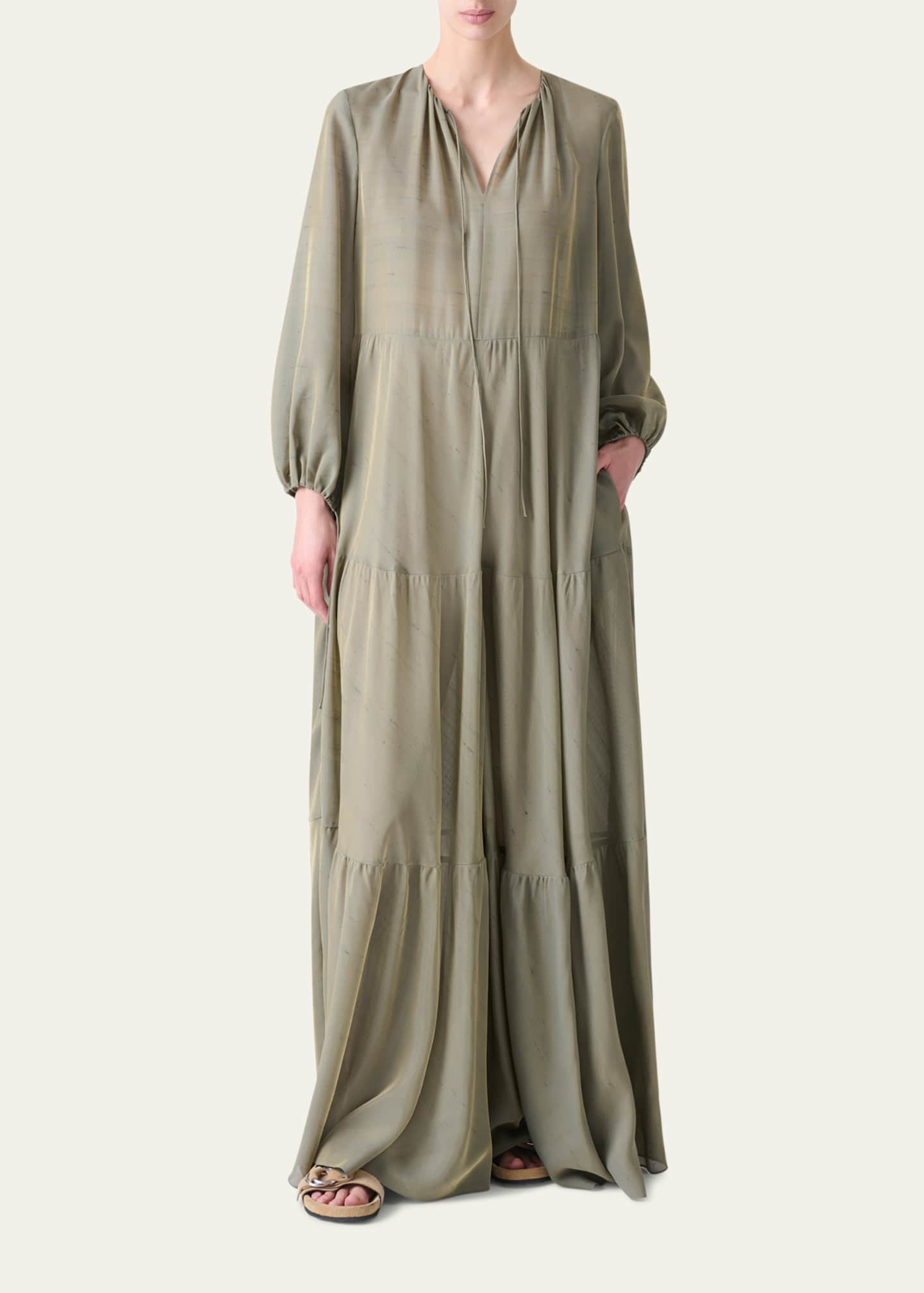 Akris punto Long-Sleeve Tiered Silk Batiste A-Line Maxi Dress ...