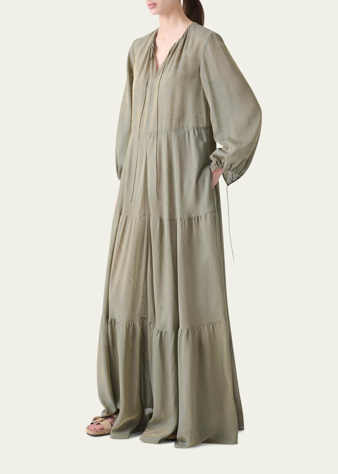 Akris punto Long-Sleeve Tiered Silk Batiste A-Line Maxi Dress ...