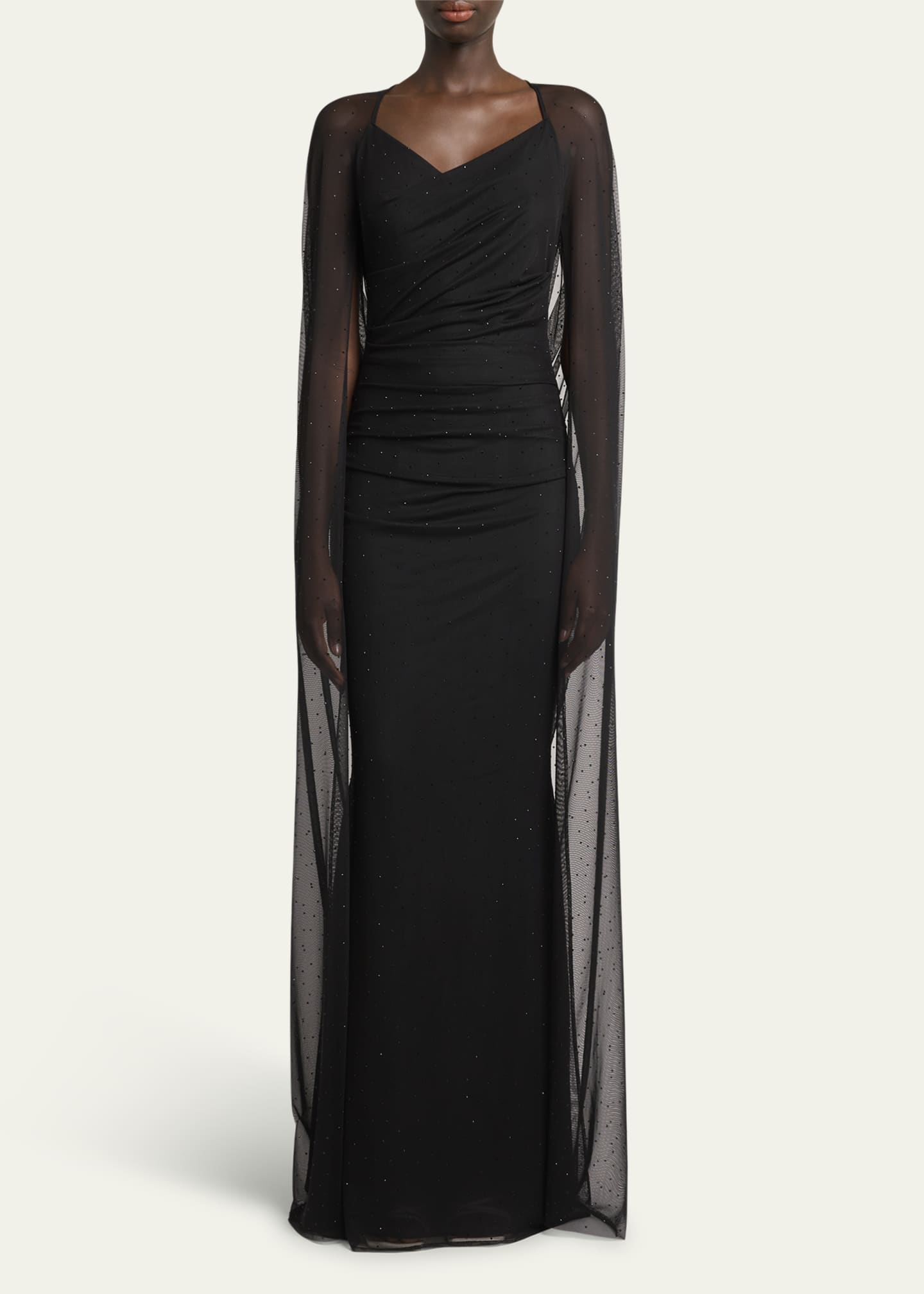 Talbot Runhof Crystal Tulle Trumpet Gown with Sheer Draped Cape ...