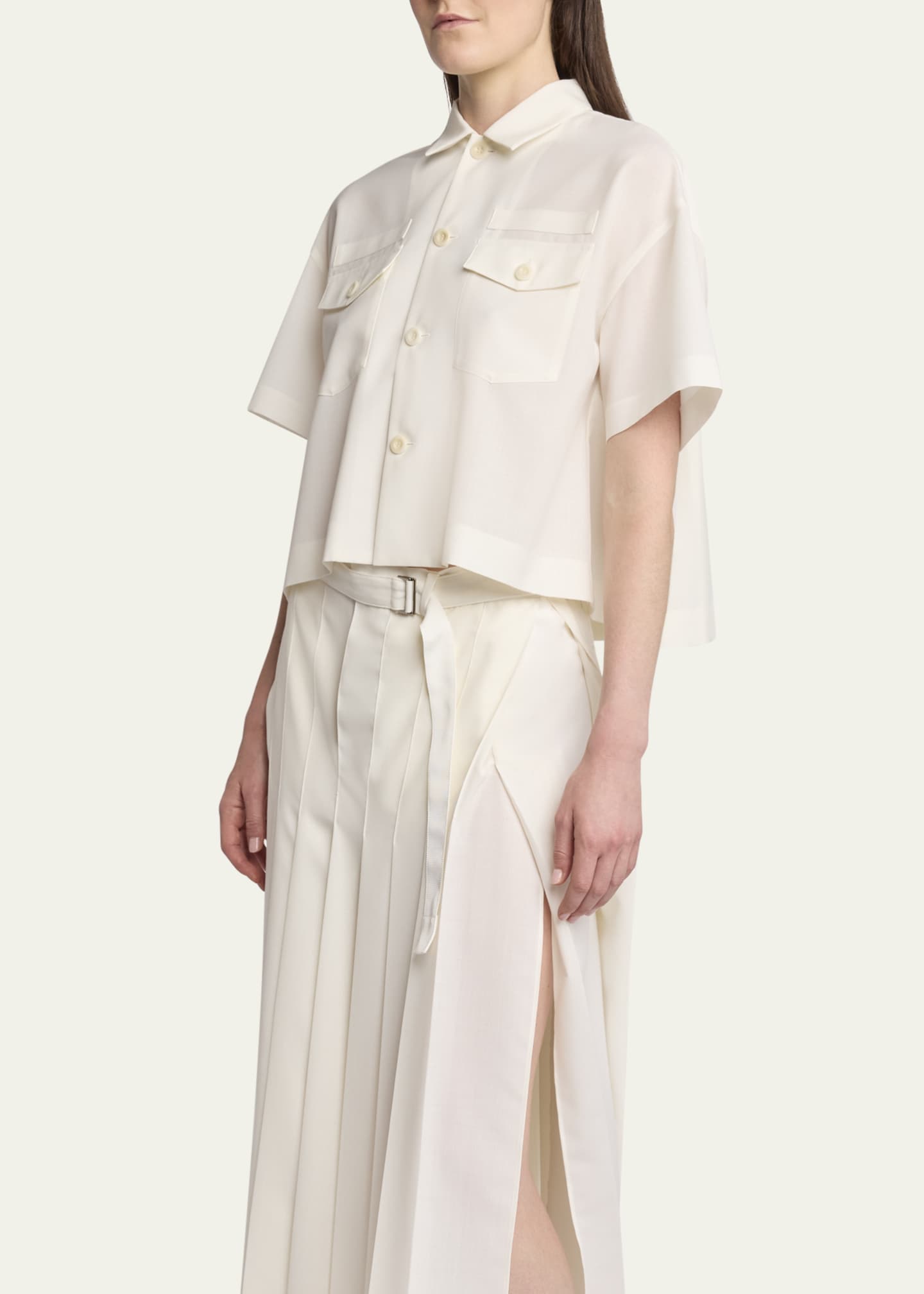 SACAI Pleated Back Crop Button Down Blouse - Bergdorf Goodman