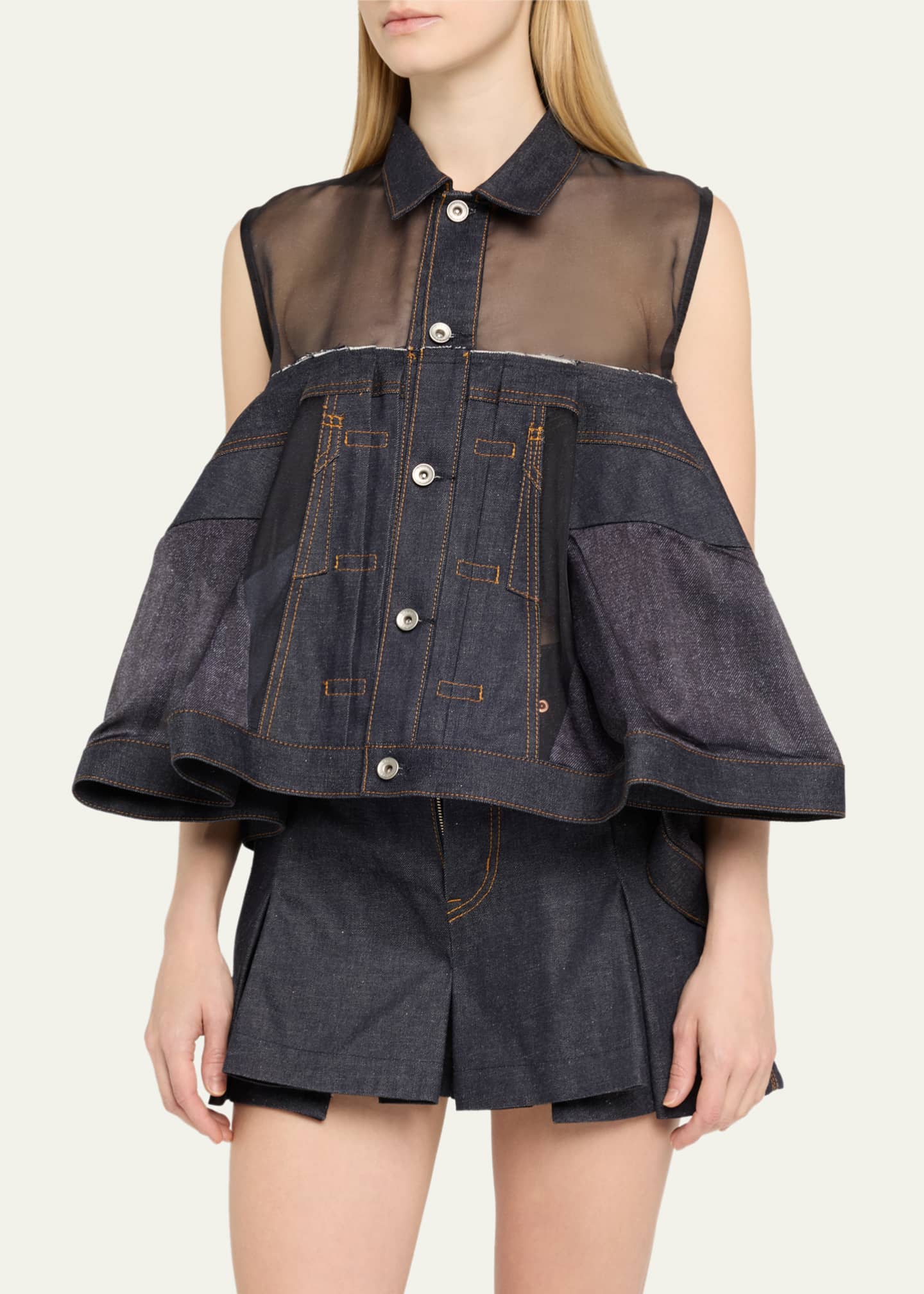 SACAI Sleeveless Sheer Denim Flowy Top - Bergdorf Goodman