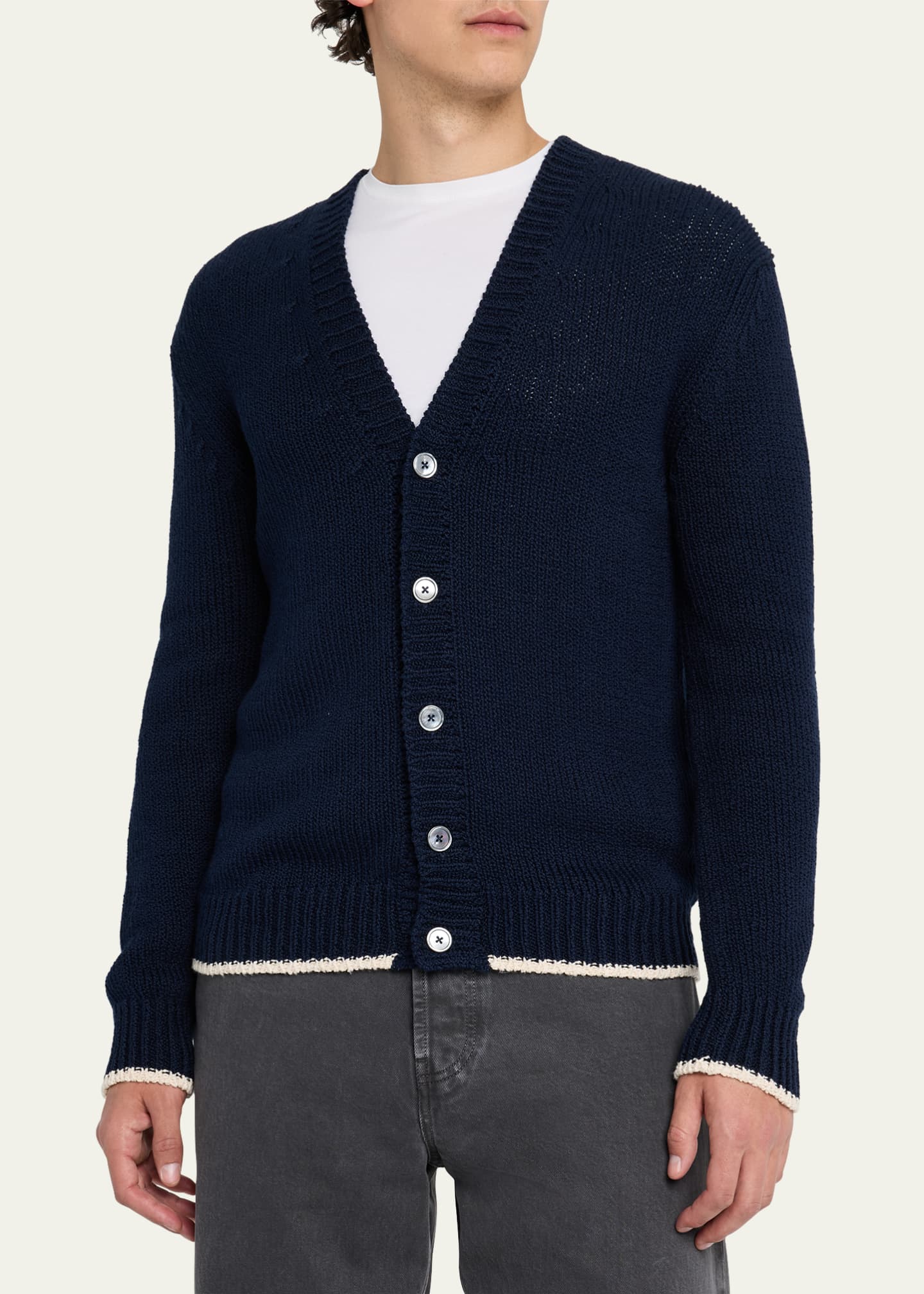 Bergdorf Goodman Men's Cotton Contrast-Trim Cardigan - Bergdorf Goodman