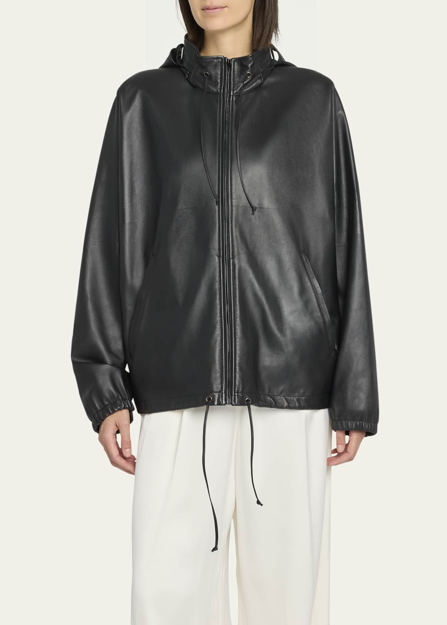 THE ROW Jilly Leather Zip Hooded Jacket - Bergdorf Goodman