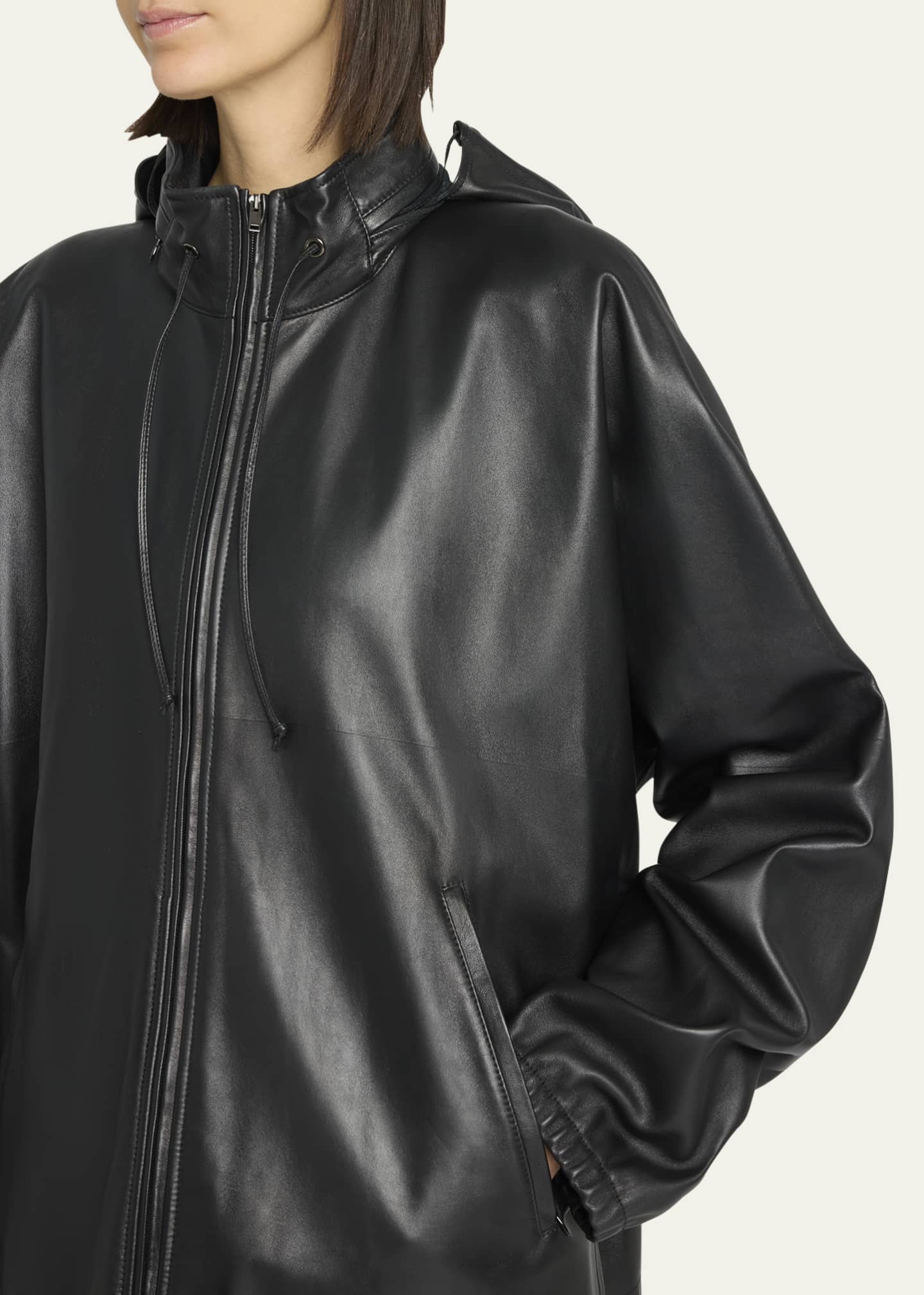 THE ROW Jilly Leather Zip Hooded Jacket - Bergdorf Goodman