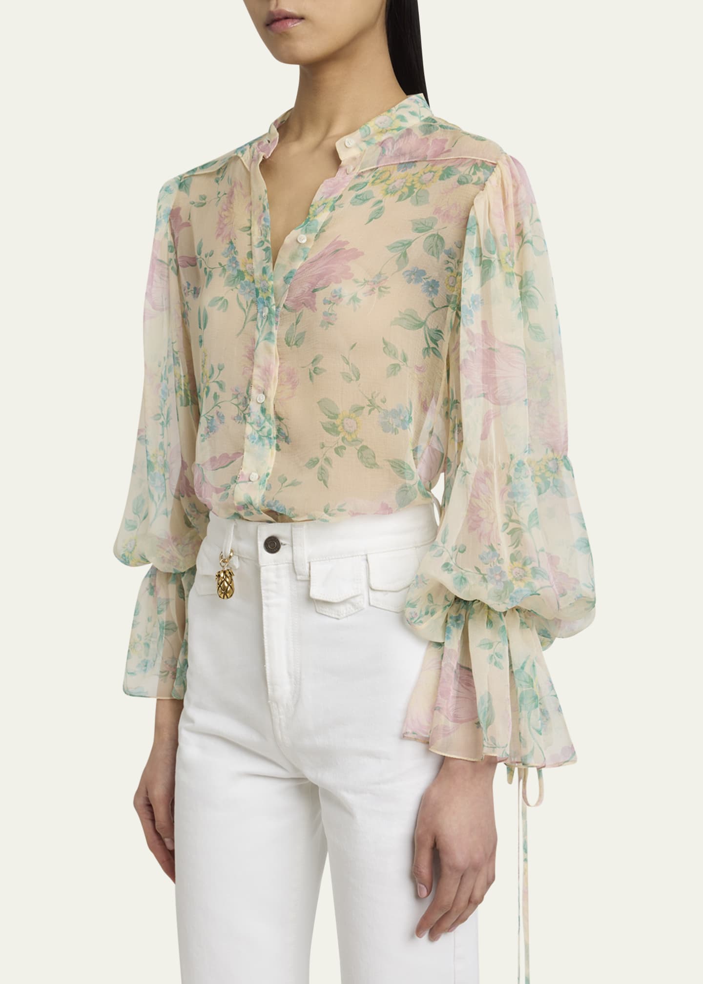 Chloe Floral Silk Balloon-Sleeve Button-Down Top - Bergdorf Goodman