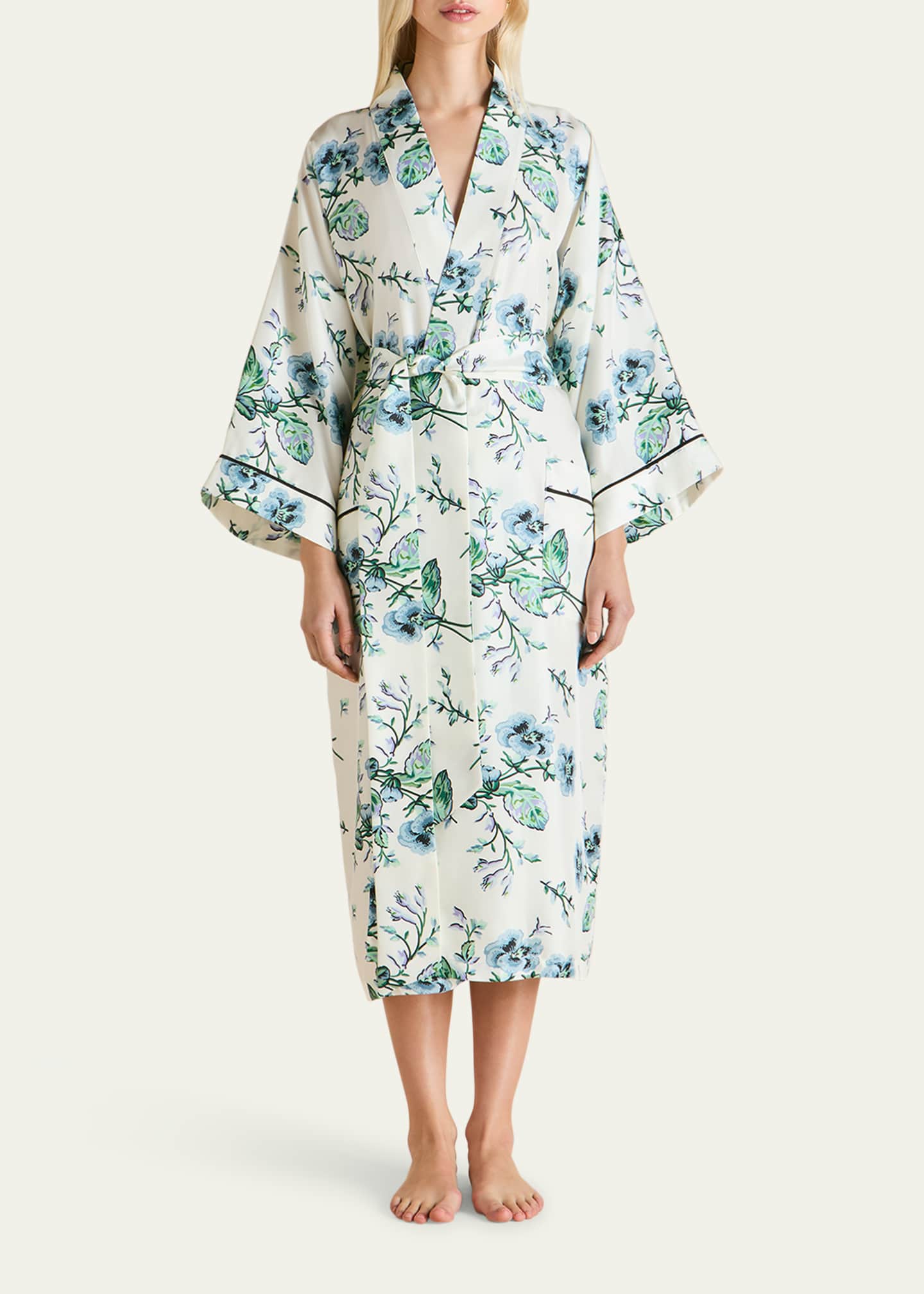 Olivia von Halle Sabine Floral-Print Silk Twill Robe - Bergdorf Goodman