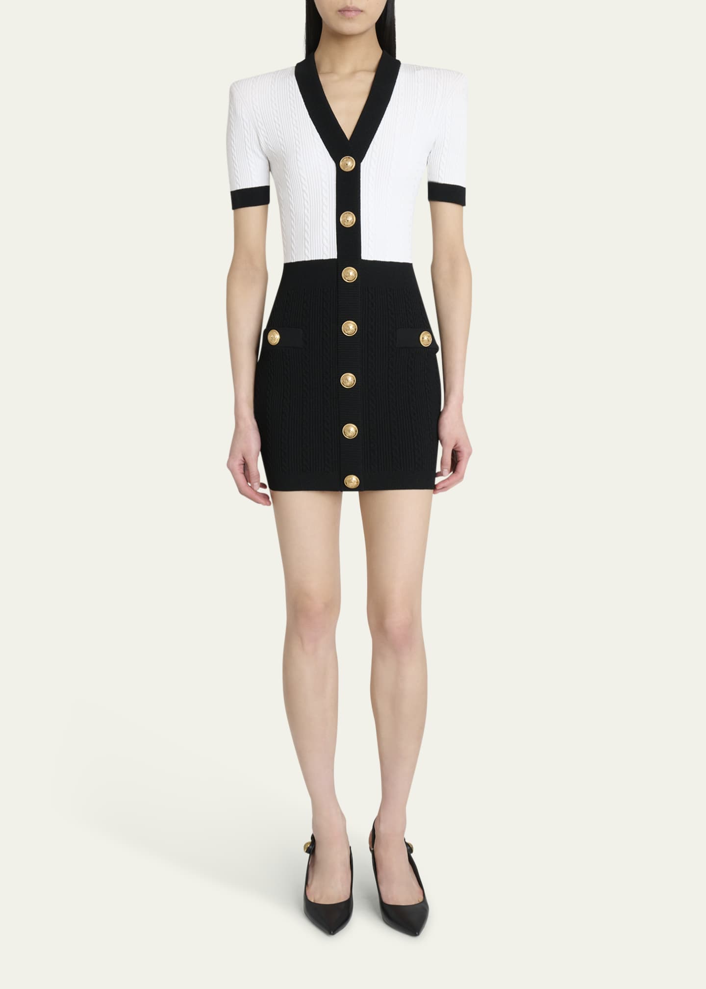 Balmain V-Neck Buttoned Strong-Shoulder Torsade Knit Mini Dress ...