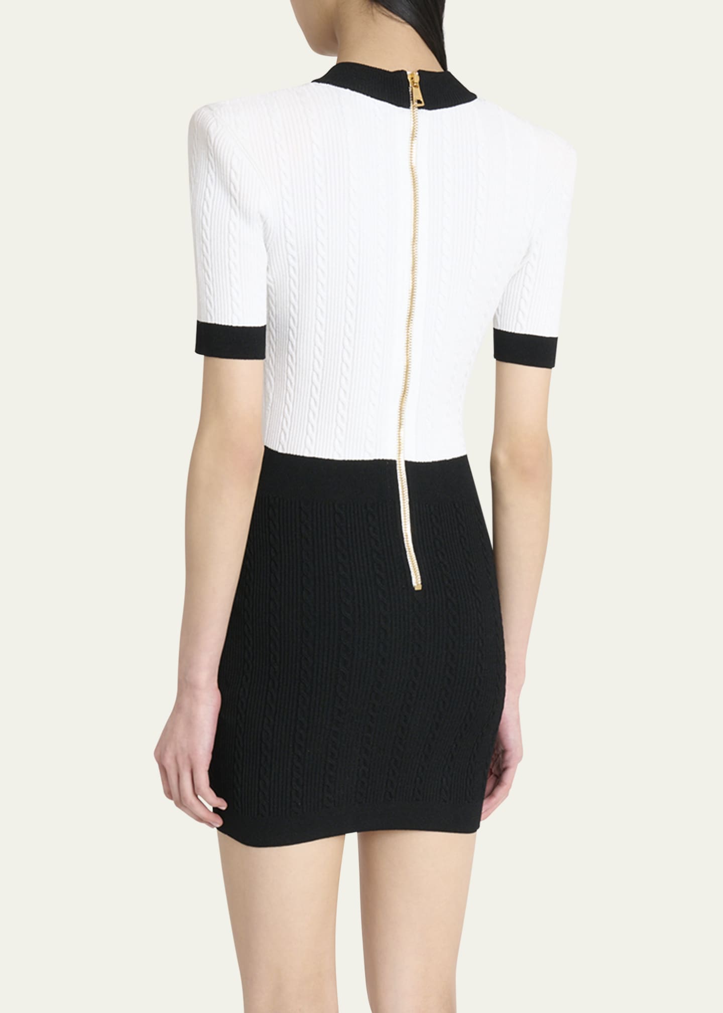 Balmain V-Neck Buttoned Strong-Shoulder Torsade Knit Mini Dress ...