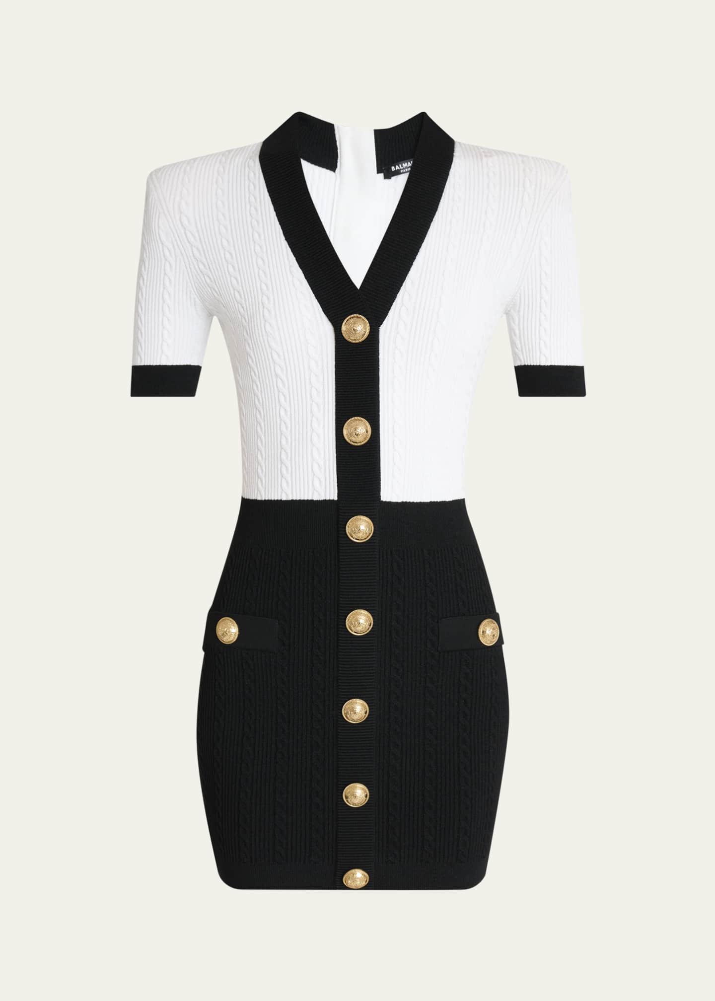Balmain V-Neck Buttoned Strong-Shoulder Torsade Knit Mini Dress ...