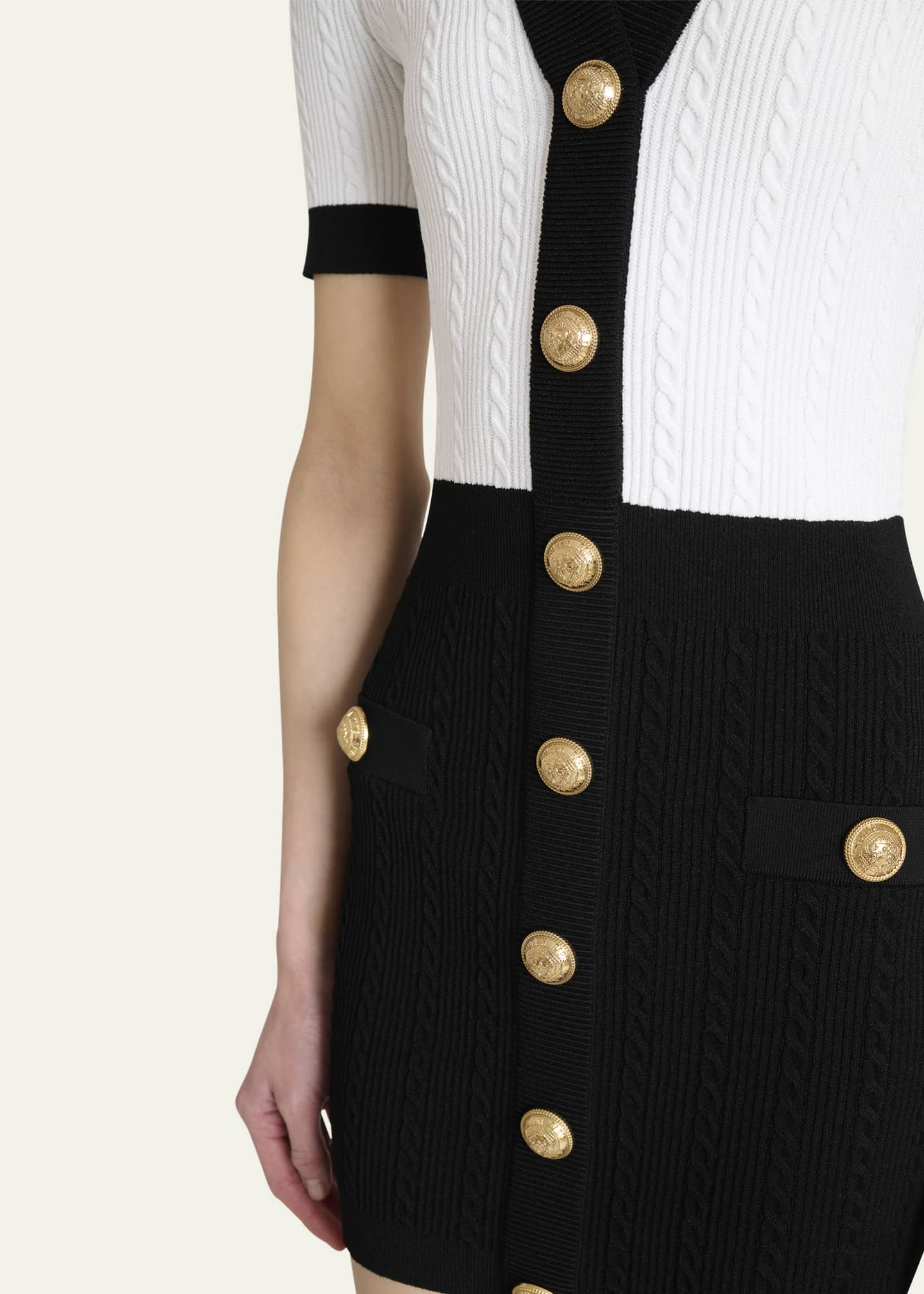Balmain V-Neck Buttoned Strong-Shoulder Torsade Knit Mini Dress ...