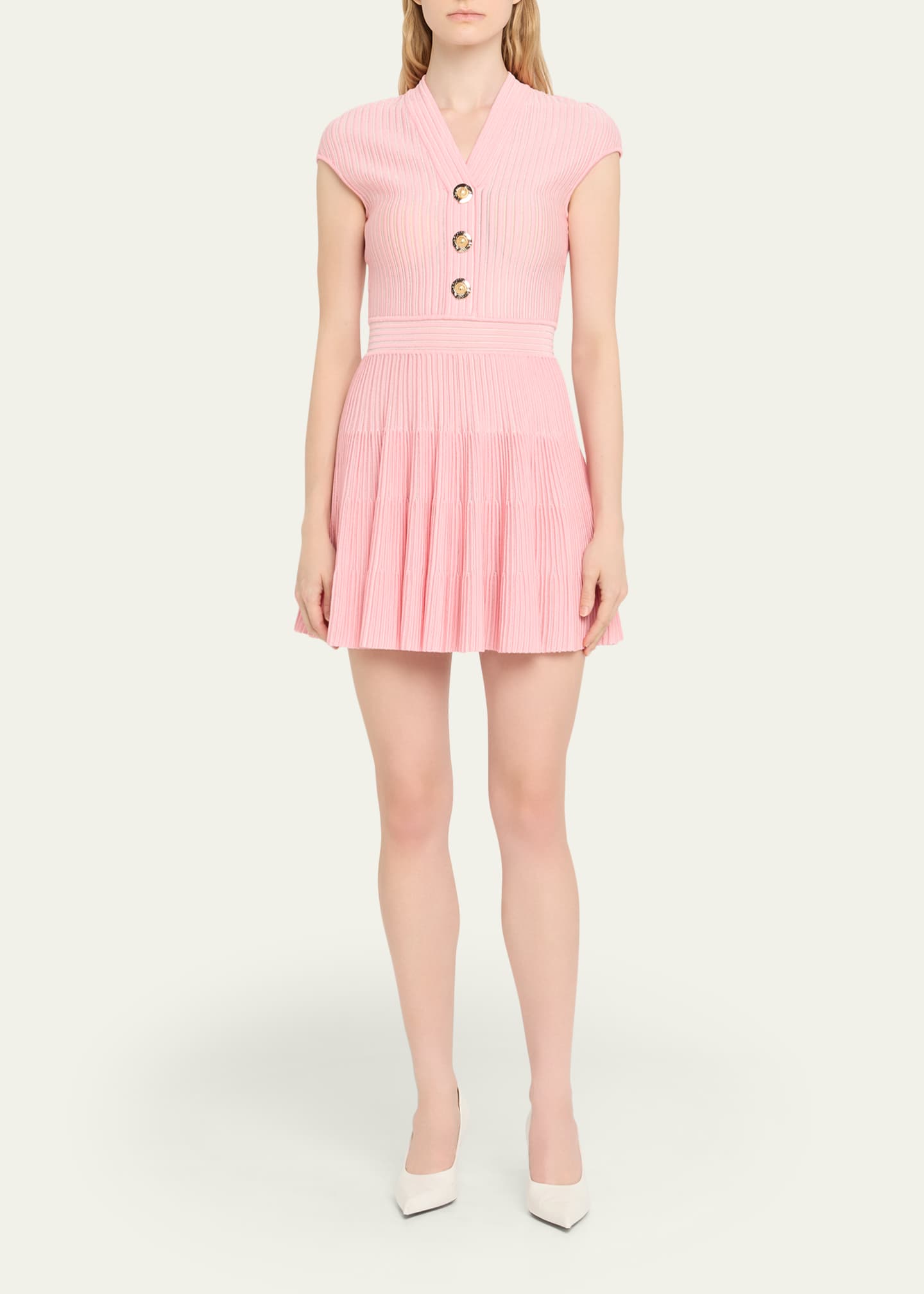 Balmain Short-Sleeve Flechage Knit Flare Mini Dress - Bergdorf Goodman