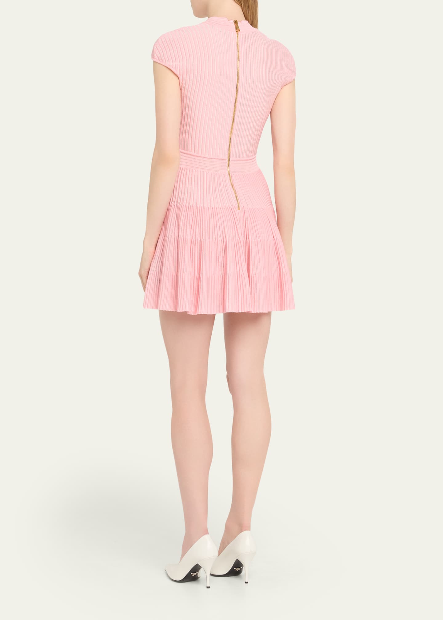 Balmain Short-Sleeve Flechage Knit Flare Mini Dress - Bergdorf Goodman