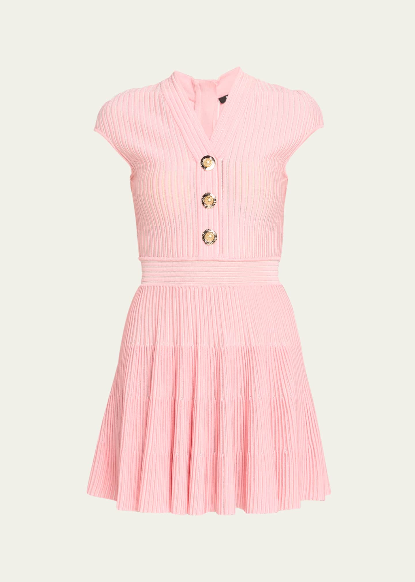 Balmain Short-Sleeve Flechage Knit Flare Mini Dress - Bergdorf Goodman