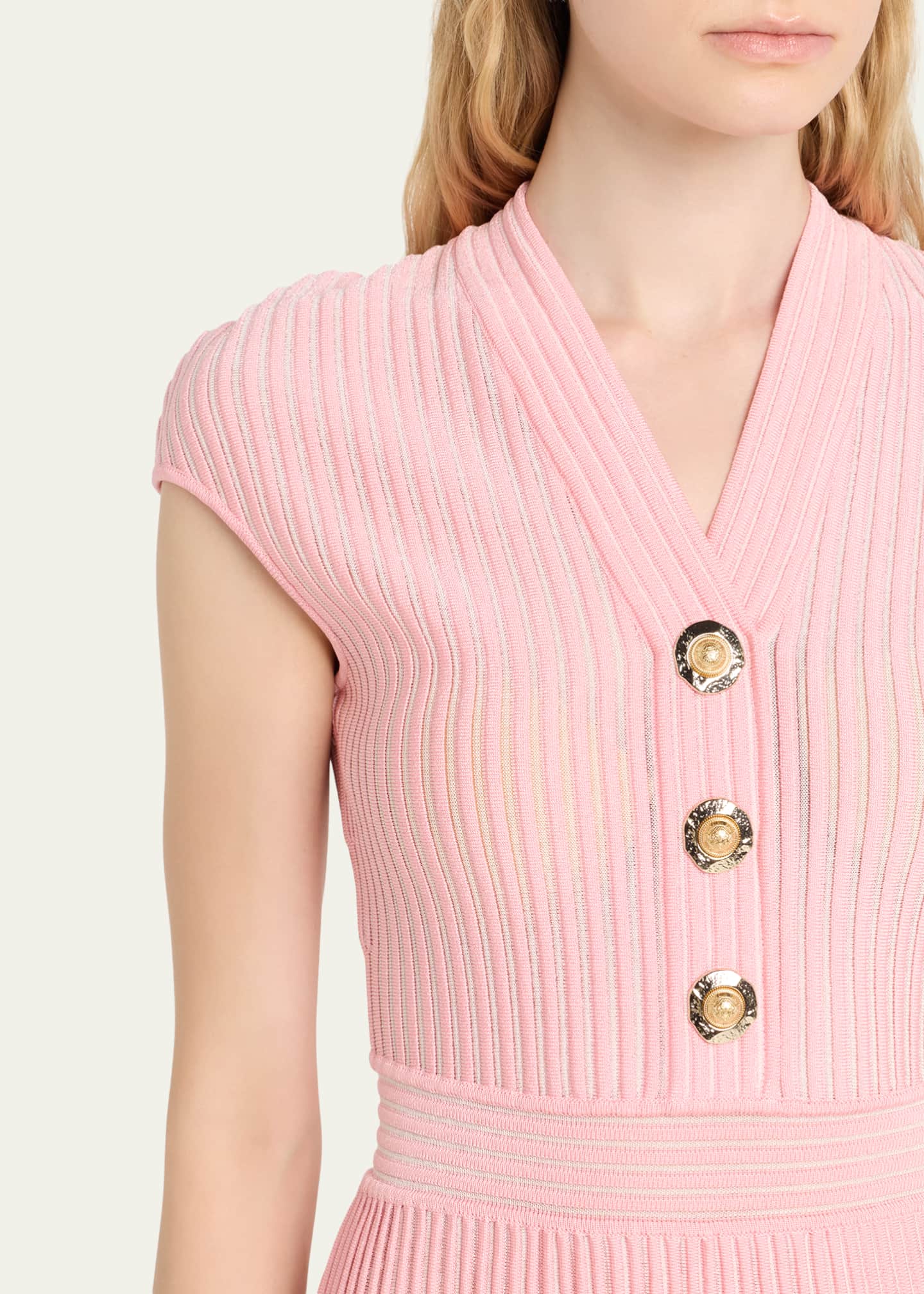 Balmain Short-Sleeve Flechage Knit Flare Mini Dress - Bergdorf Goodman