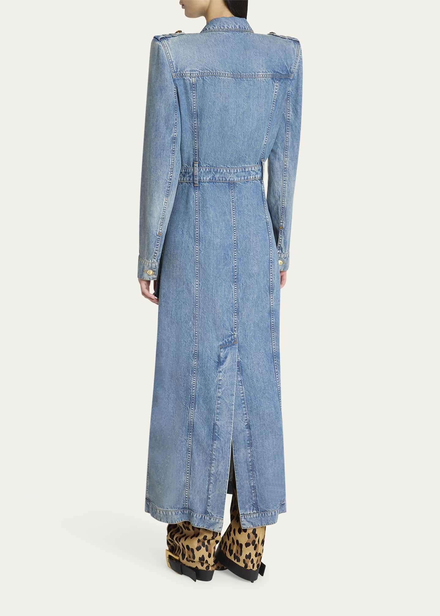 Balmain Belted Pocket Detail V-Neck Denim Midi Dress - Bergdorf Goodman