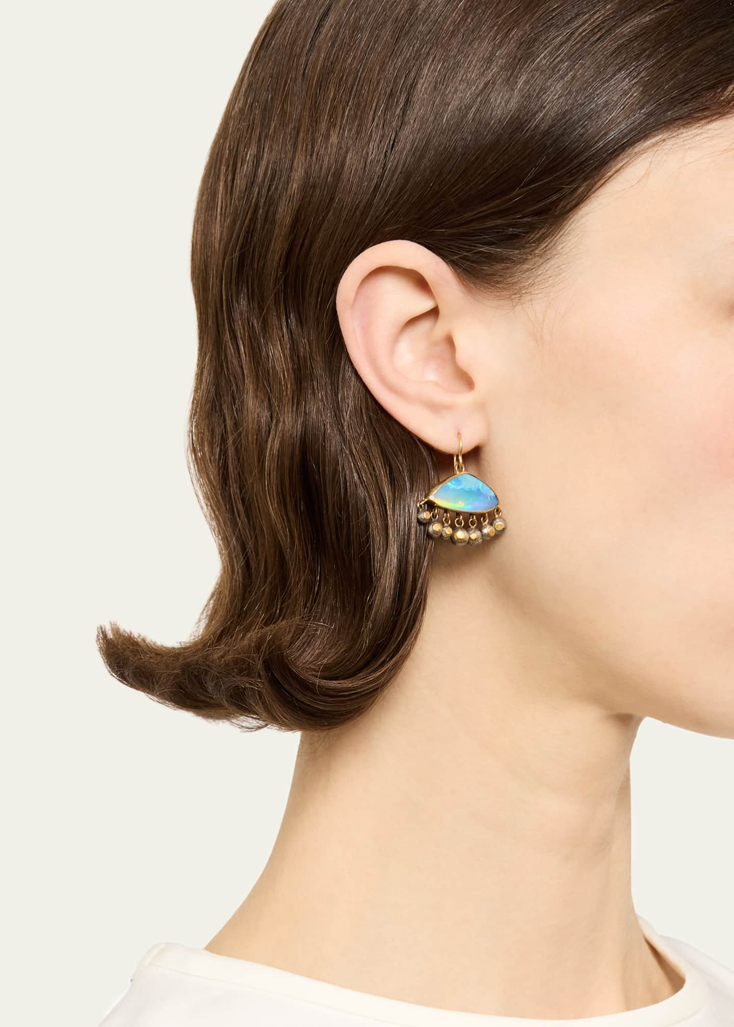 JUDY GEIB Rectangular Flashy Opal Earrings with Dangling Silver Balls ...