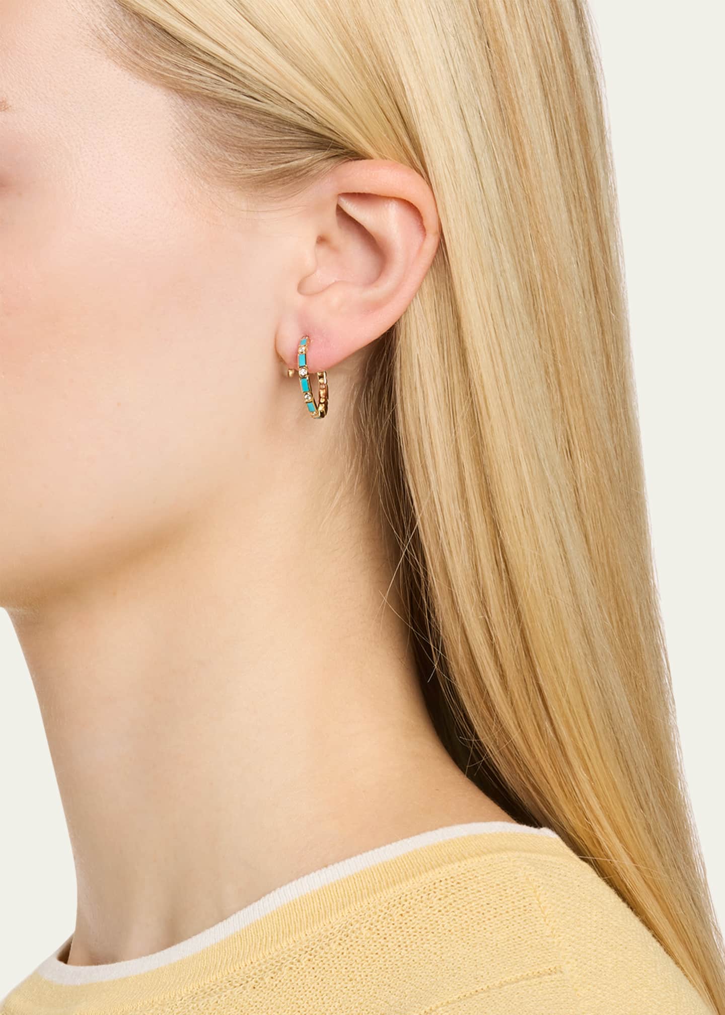 Sydney Evan 14K Gold Baguette Turquoise and Round Diamond Hoop Earrings ...