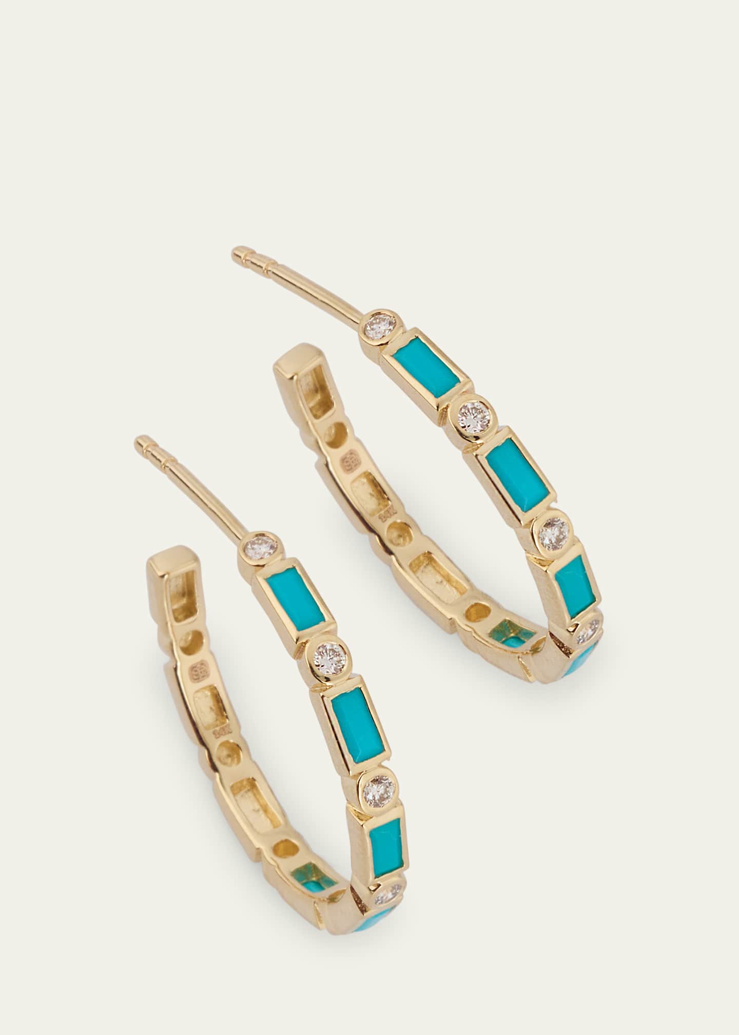 Sydney Evan 14K Gold Baguette Turquoise and Round Diamond Hoop Earrings ...