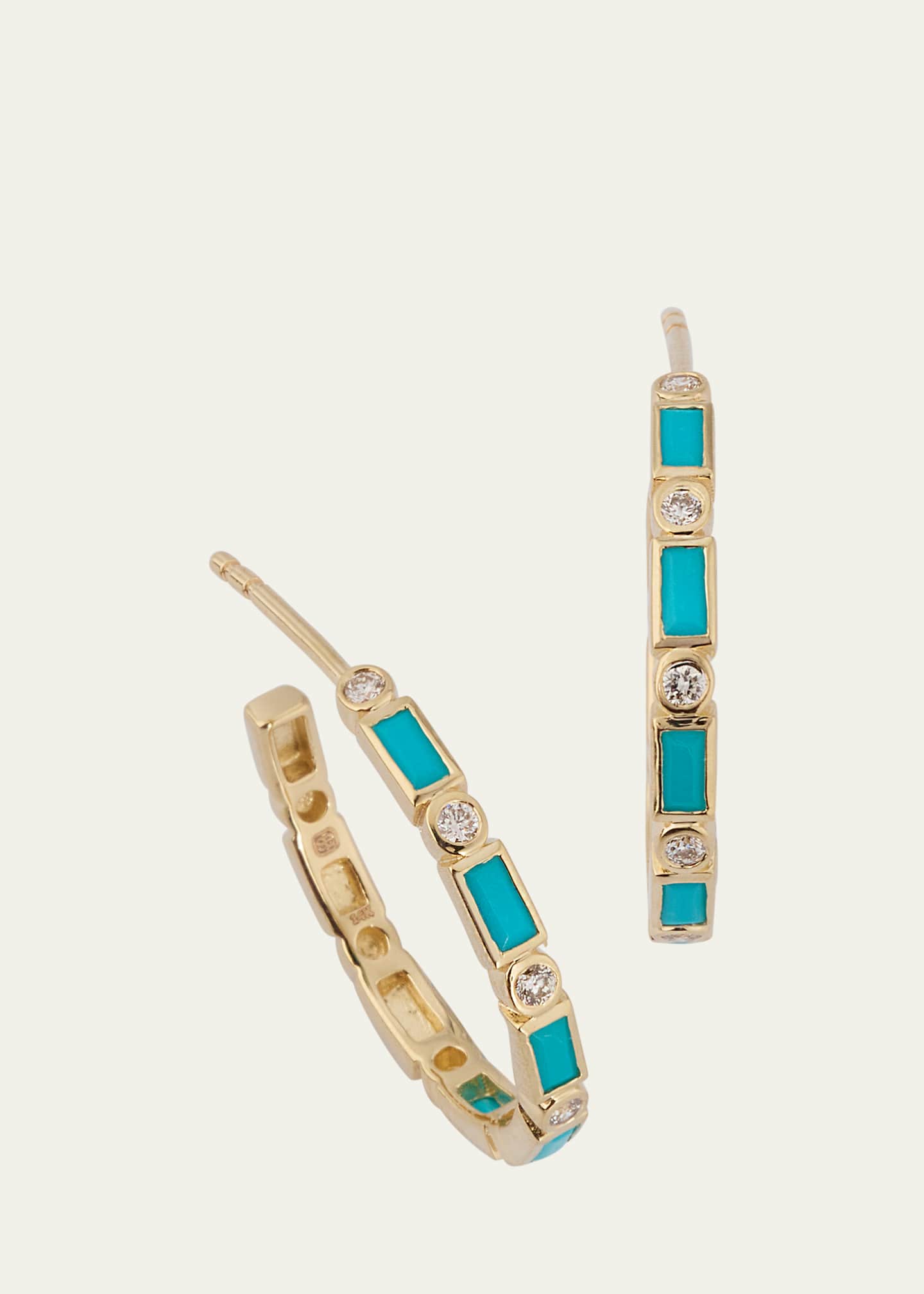 Sydney Evan 14K Gold Baguette Turquoise and Round Diamond Hoop Earrings ...