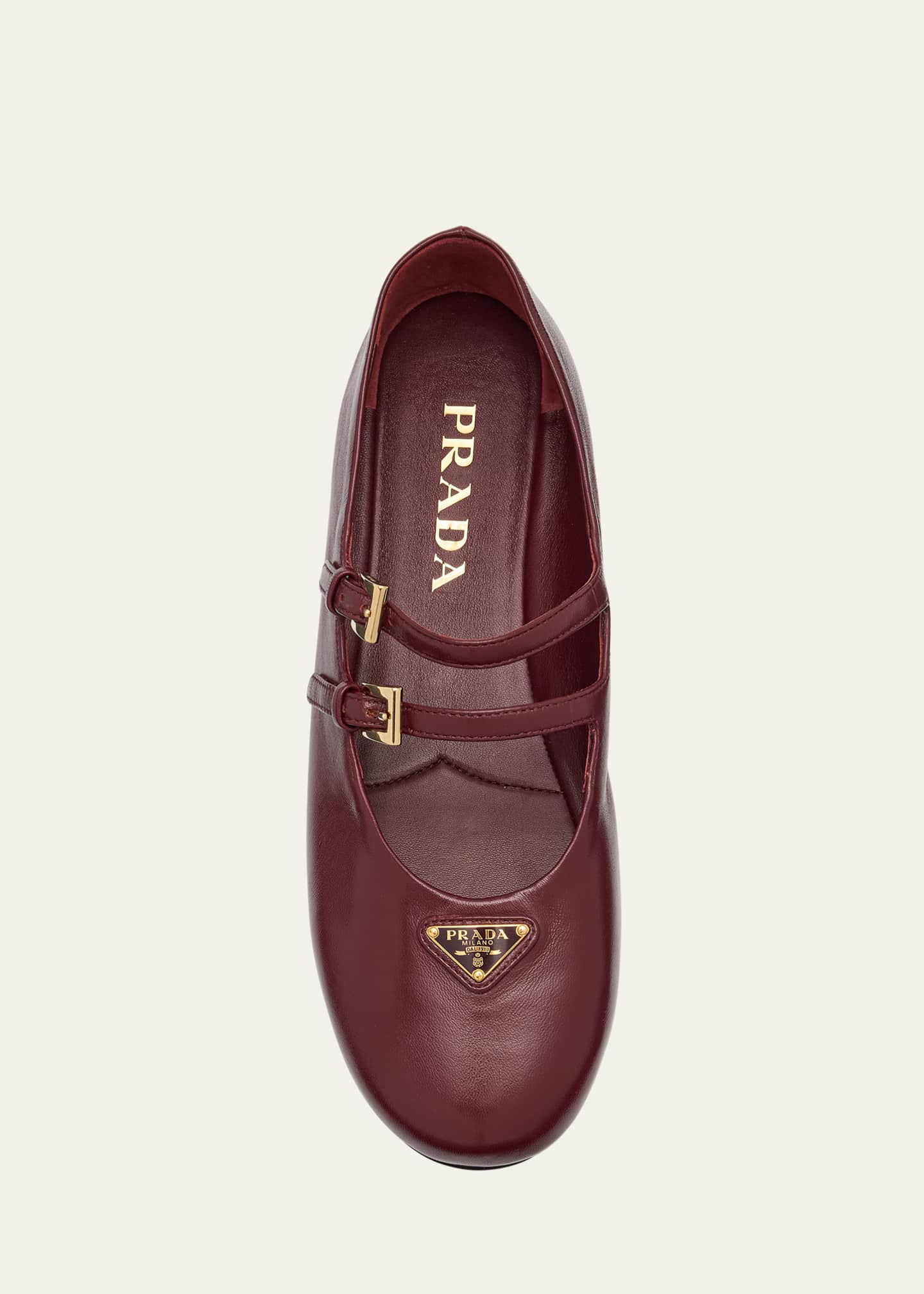 Prada Nappa Leather Double-Strap Triangle Logo Ballerina Flats ...