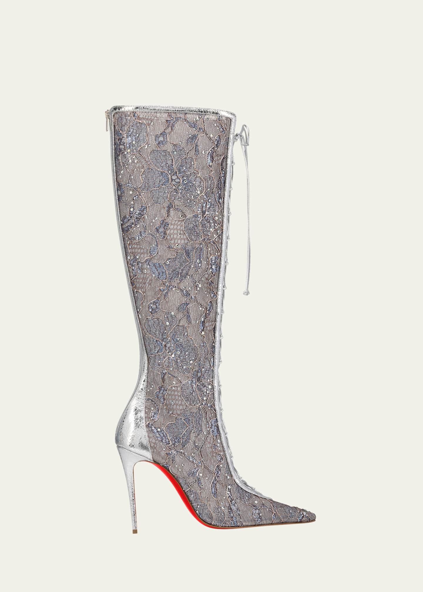 Christian Louboutin KM Lace Strass Red Sole Knee-High Boots - Bergdorf ...