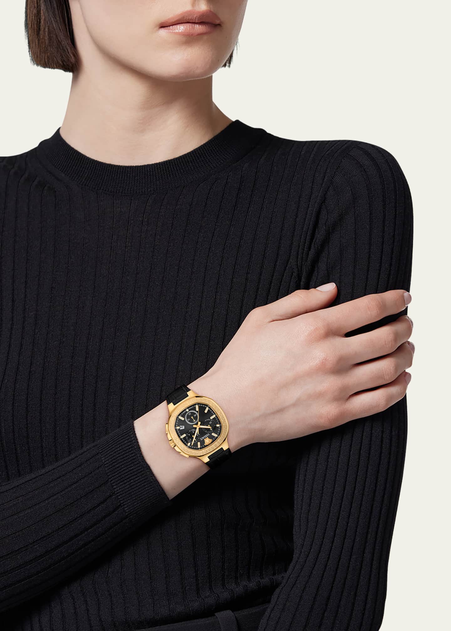 Versace V-Chrono Square 40mm IP Yellow Gold Leather Watch - Bergdorf ...