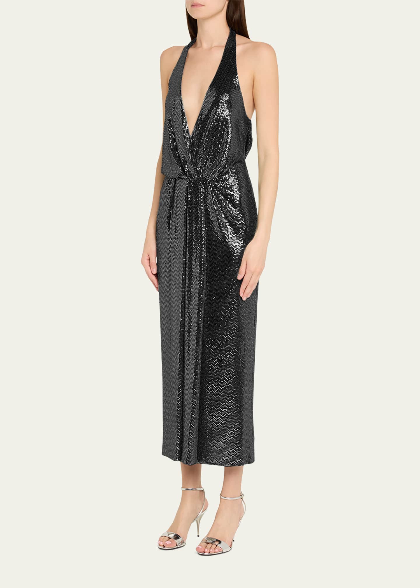 Halston Leonie Deep V-Neck Disco Jersey Midi Dress - Bergdorf Goodman