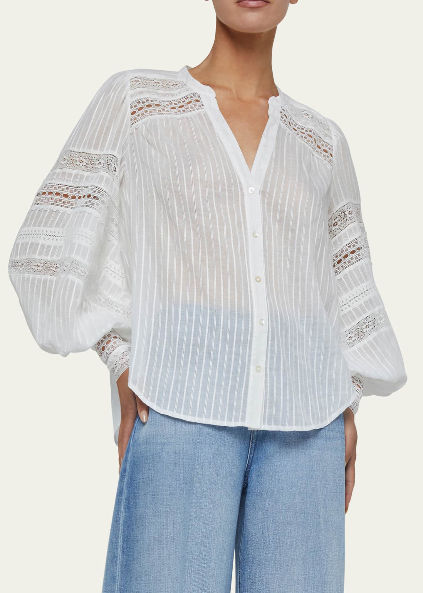 L'Agence Kiera Semi-Sheer Geometric-Trim Blouse - Bergdorf Goodman