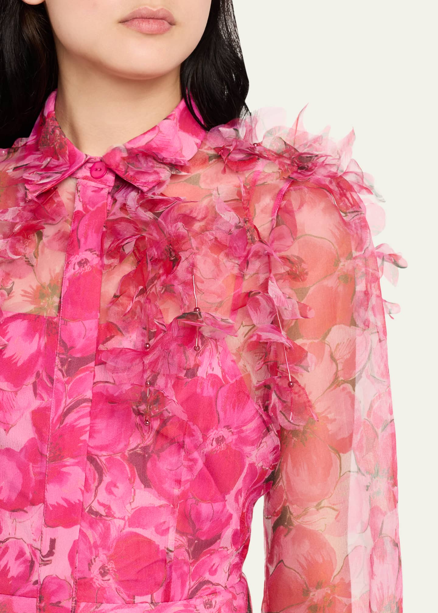 Rickie Freeman for Teri Jon Floral-Print Organza Midi Shirtdress ...